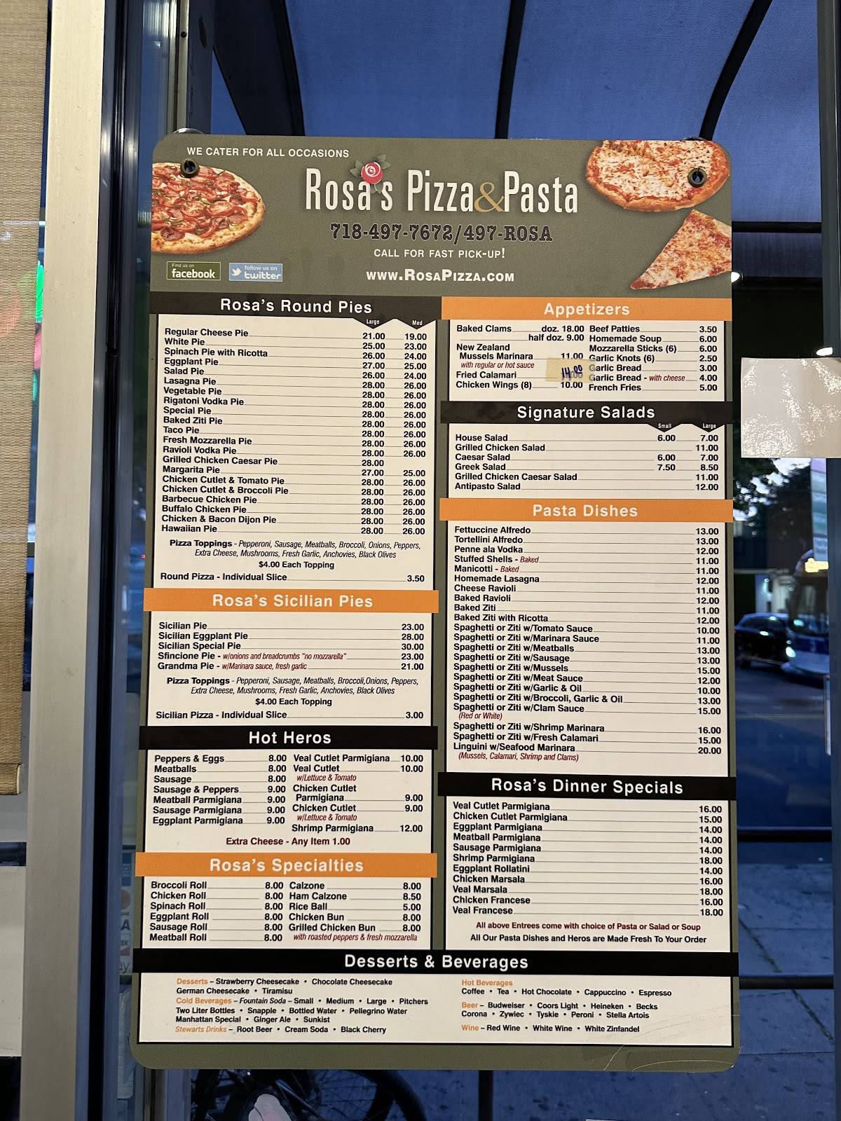 Menu at Rosa's Pizza pizzeria, New York City, 62-65 Fresh Pond Rd