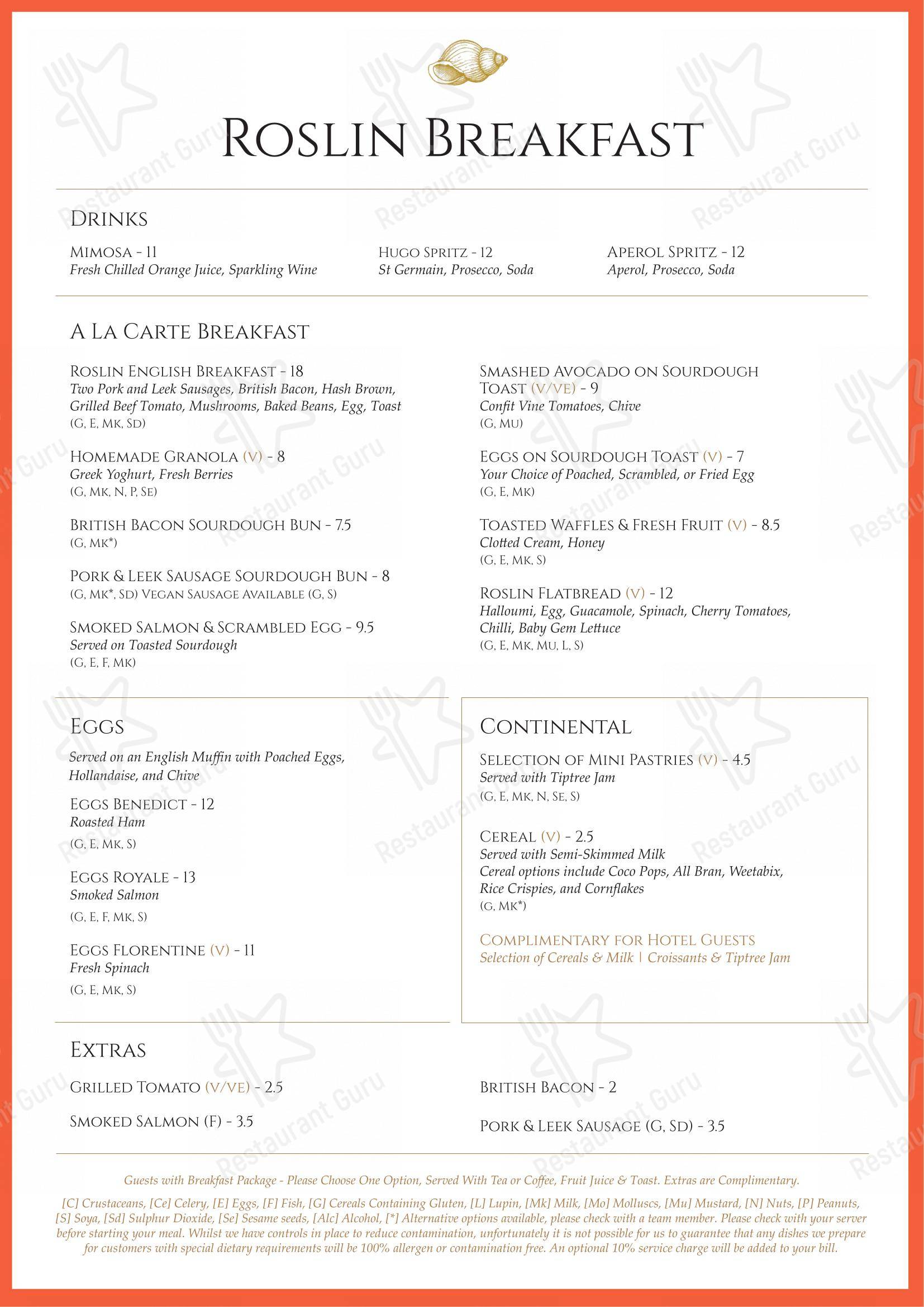 Menu at Roslin Beach Hotel pub & bar, Southend-on-Sea