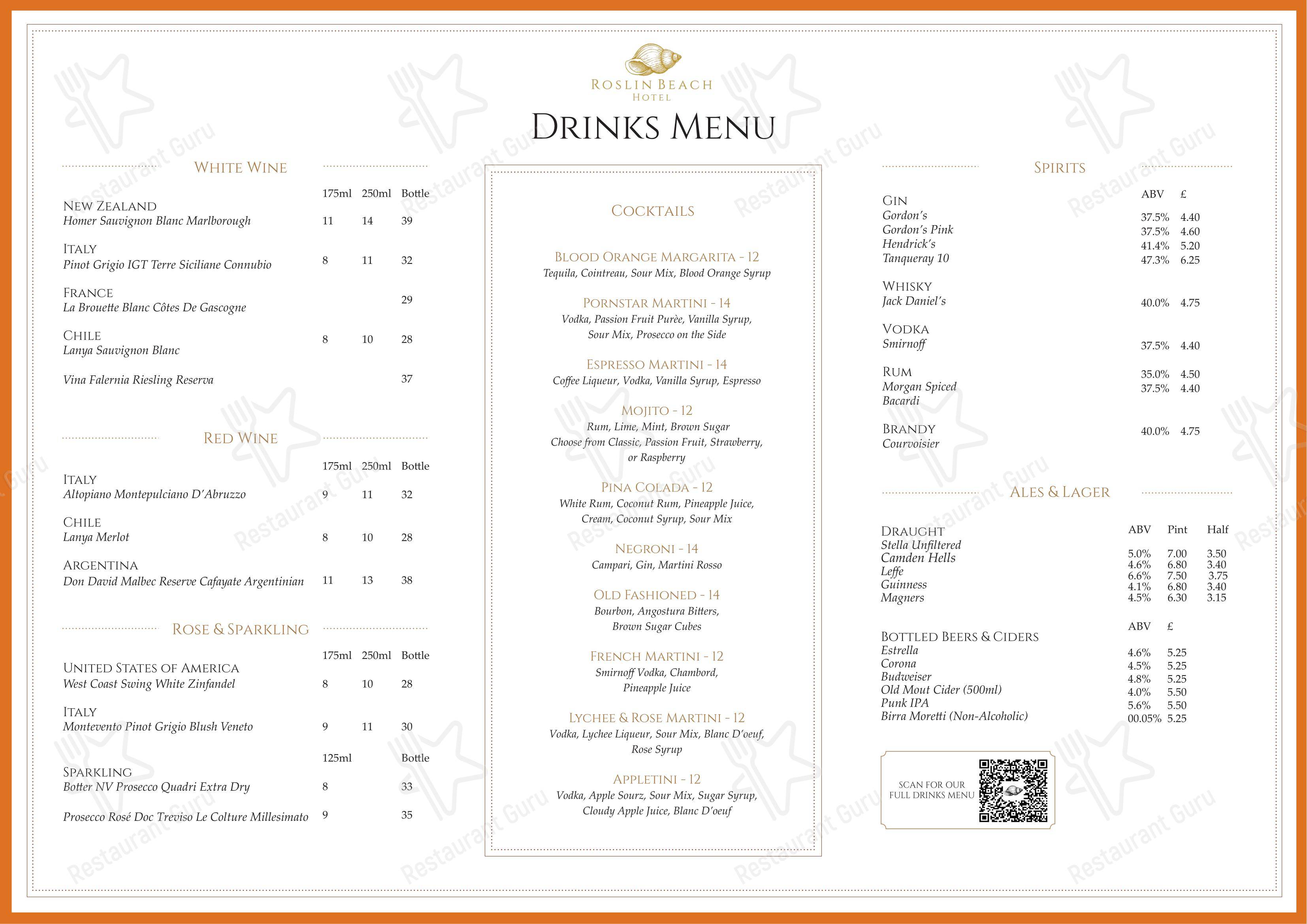 Menu at Roslin Beach Hotel pub & bar, Southend-on-Sea