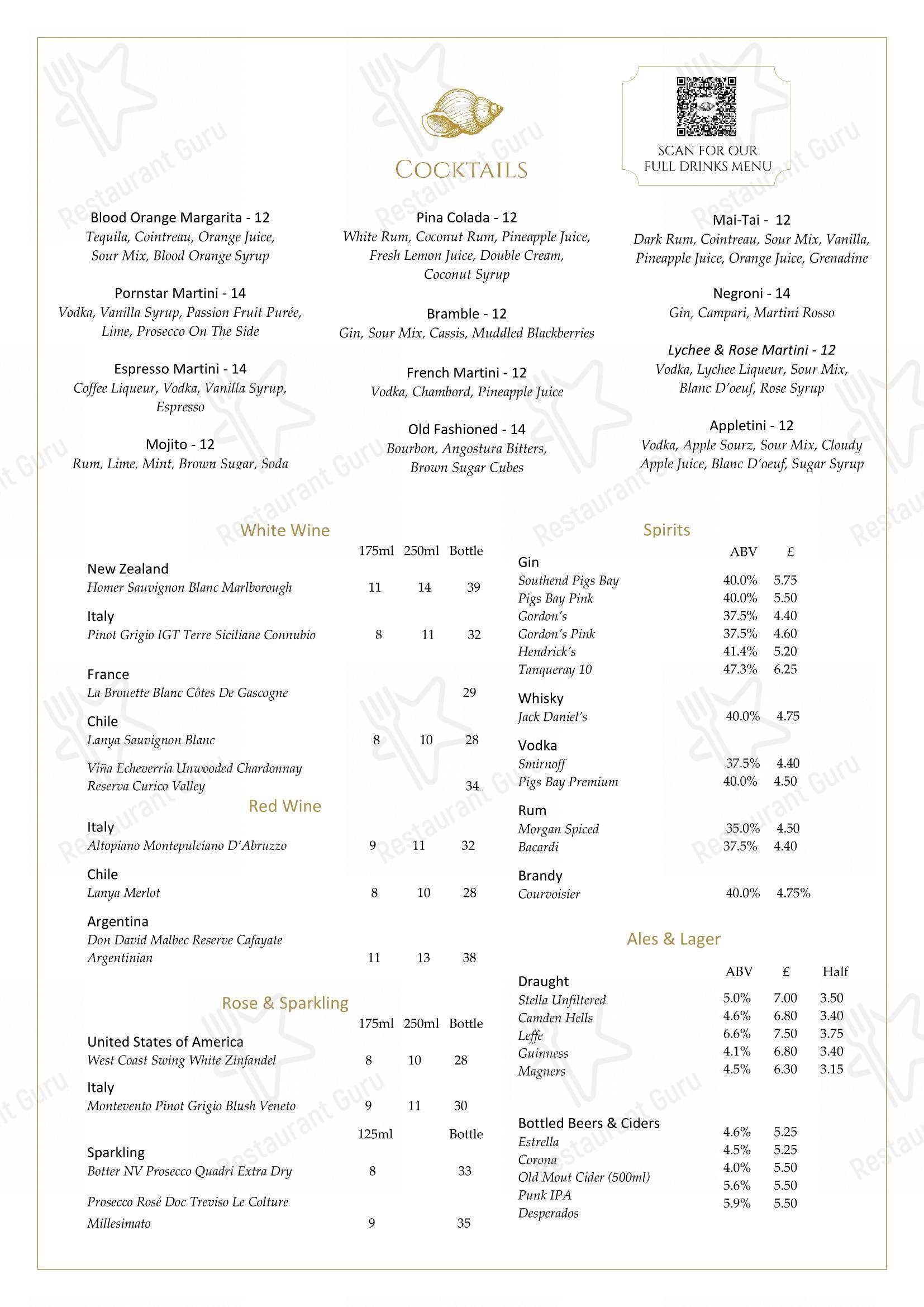 Menu at Roslin Beach Hotel pub & bar, Southend-on-Sea