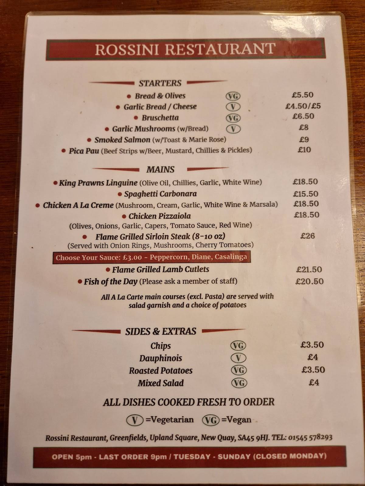 Menu at Rossini Italian Restaurant, New Quay