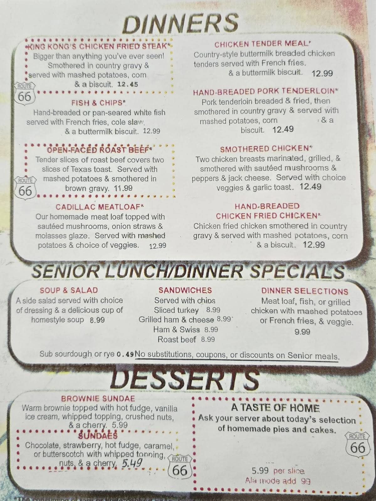 Menu at Route 66 Diner restaurant, Saint Robert, 126 St Robert Blvd