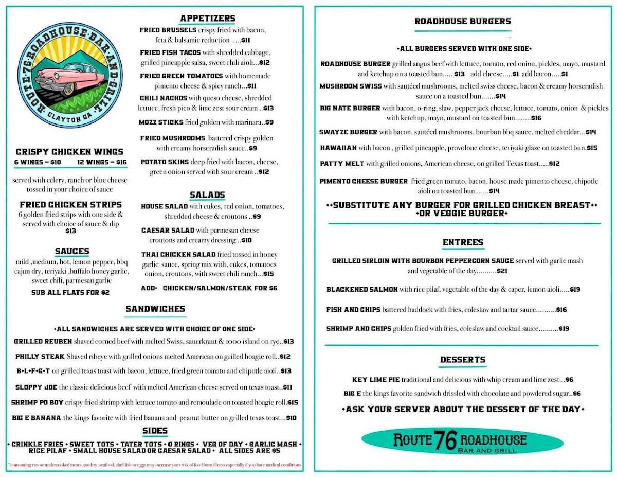 Menu at Route 76 Roadhouse Bar & Grill, Clayton
