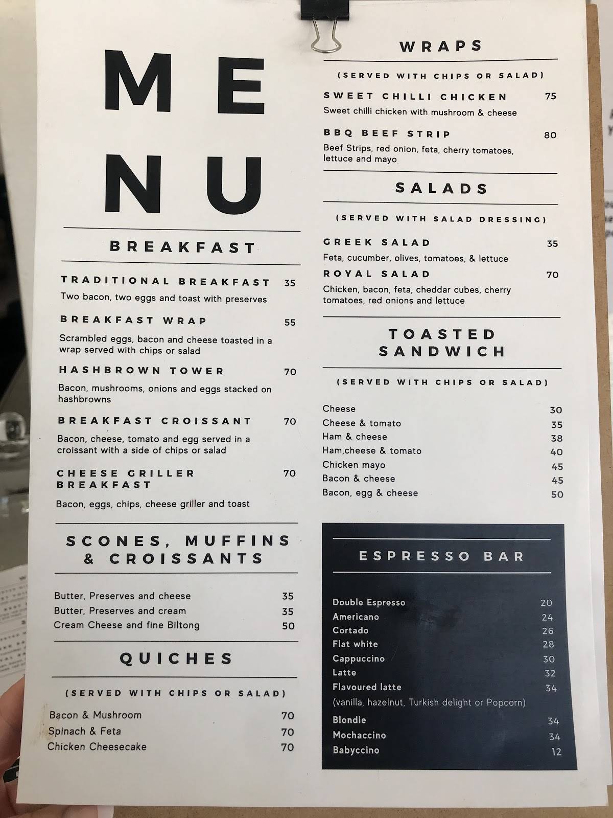 Menu au Royal Cafe and Roastery, Bloemfontein