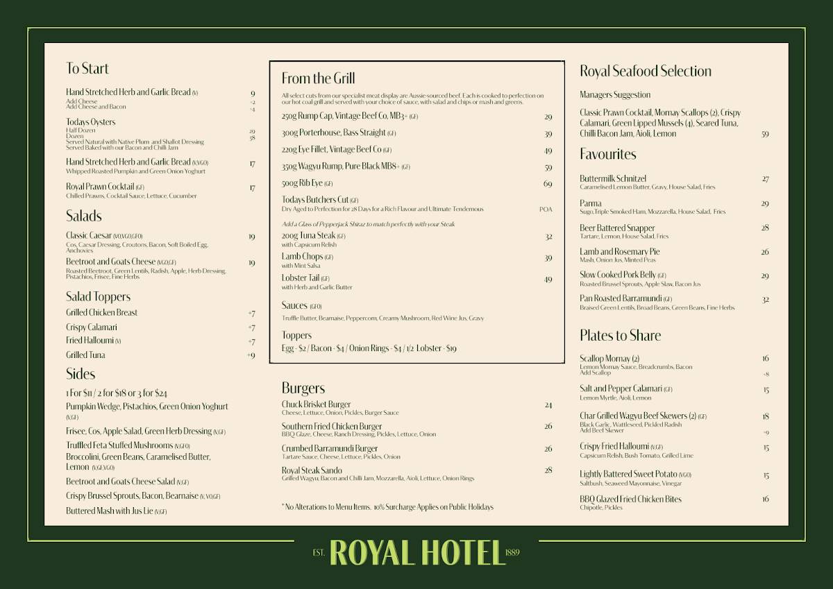 Menu at Royal FTG Hotel restaurant, Ferntree Gully