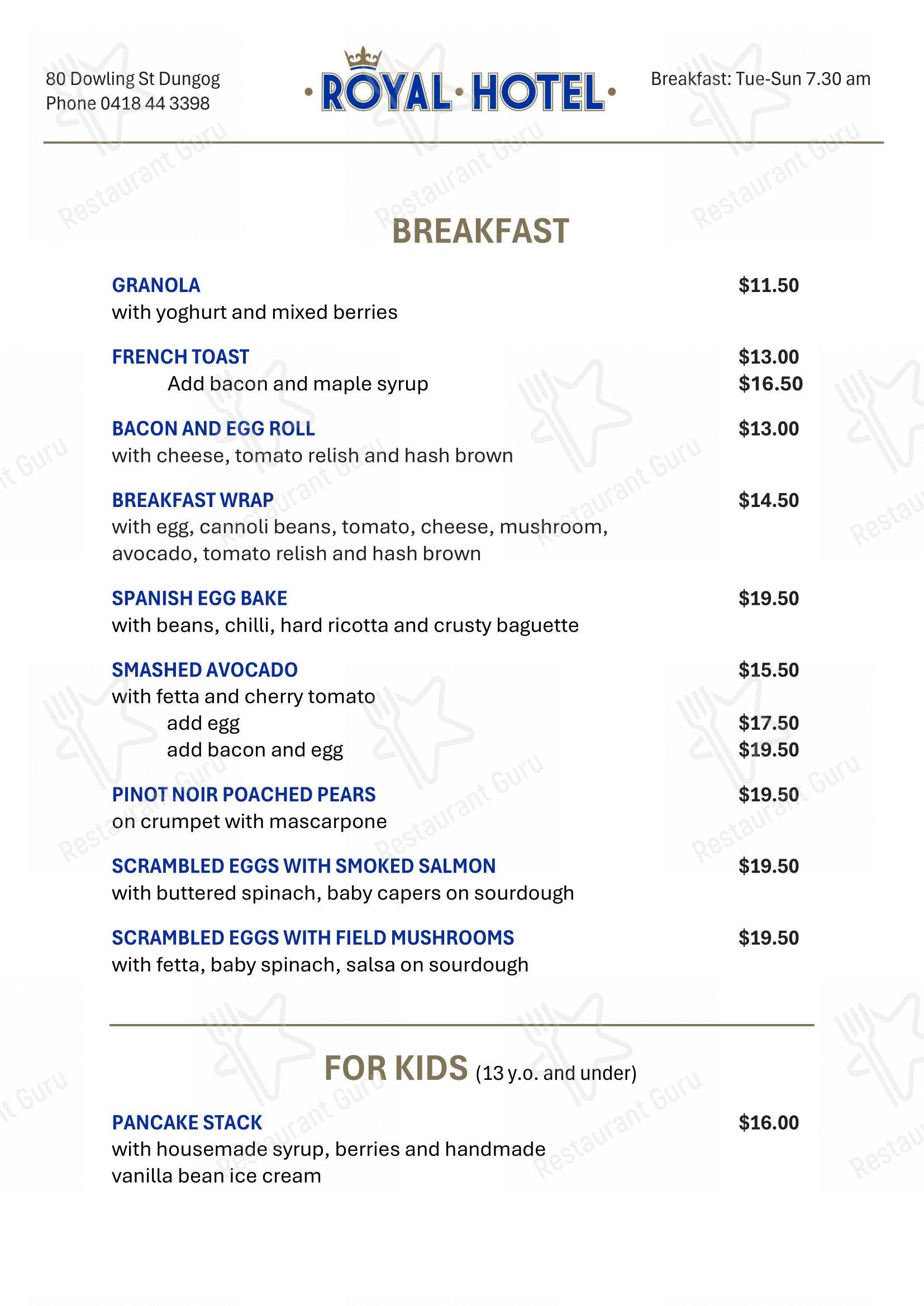 Menu at Royal Hotel Dungog pub & bar, Dungog