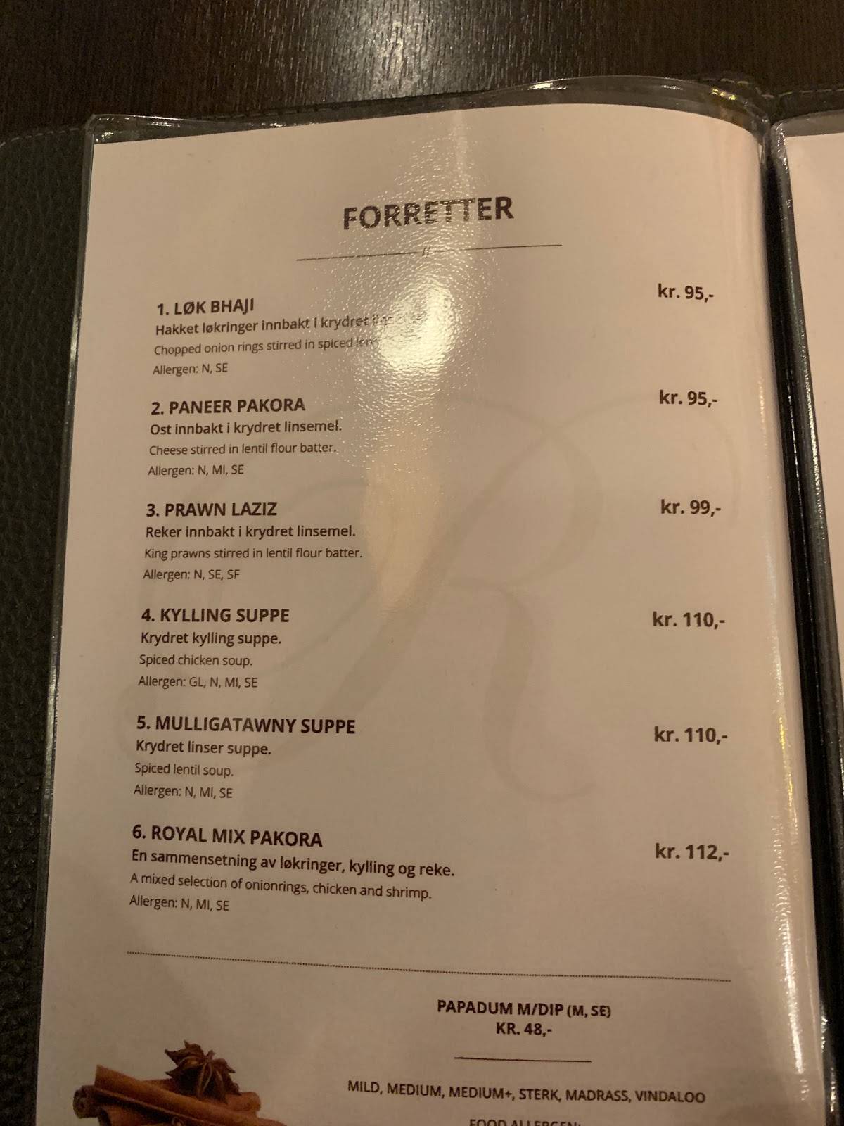 Menu at Royal India restaurant, Hamar