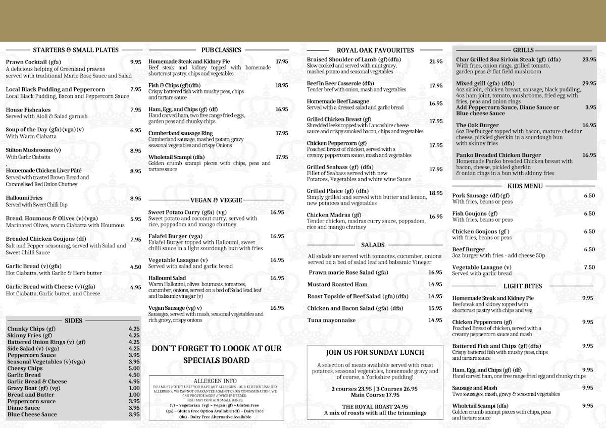 Menu at Royal Oak Hotel, Garstang pub & bar, Garstang