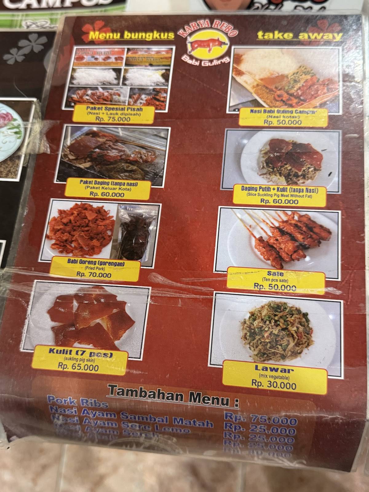 Menu at Rumah Makan Babi Guling Karya Rebo restaurant, Jimbaran, Jl ...