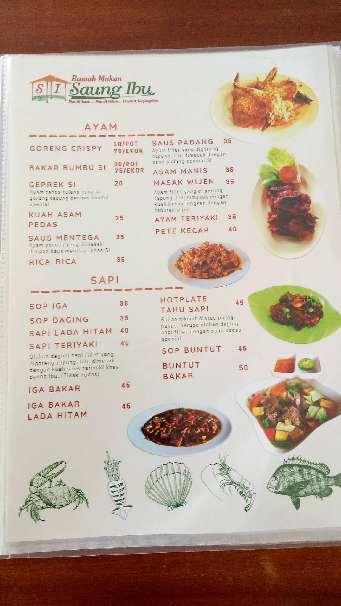 Menu at Rumah Makan Saung Ibu restaurant, Indonesia