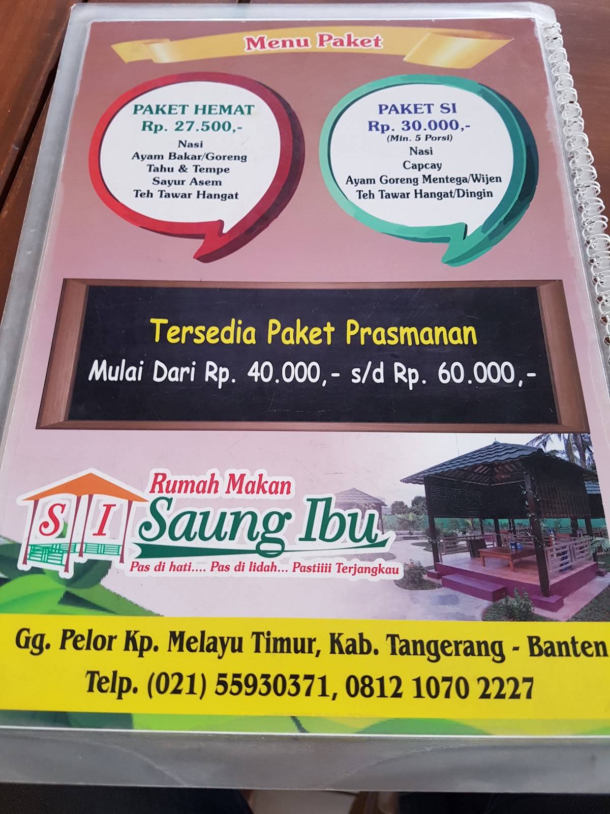 Menu at Rumah Makan Saung Ibu restaurant, Indonesia