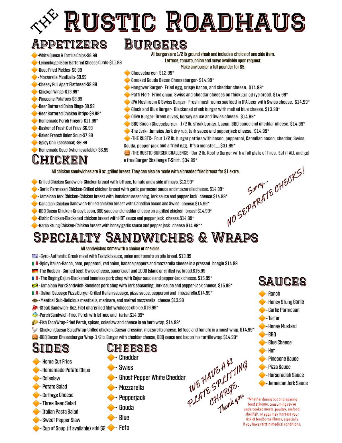 Menu at Rustic Roadhaus pub & bar, USA, 5194 U.S. Hwy 51