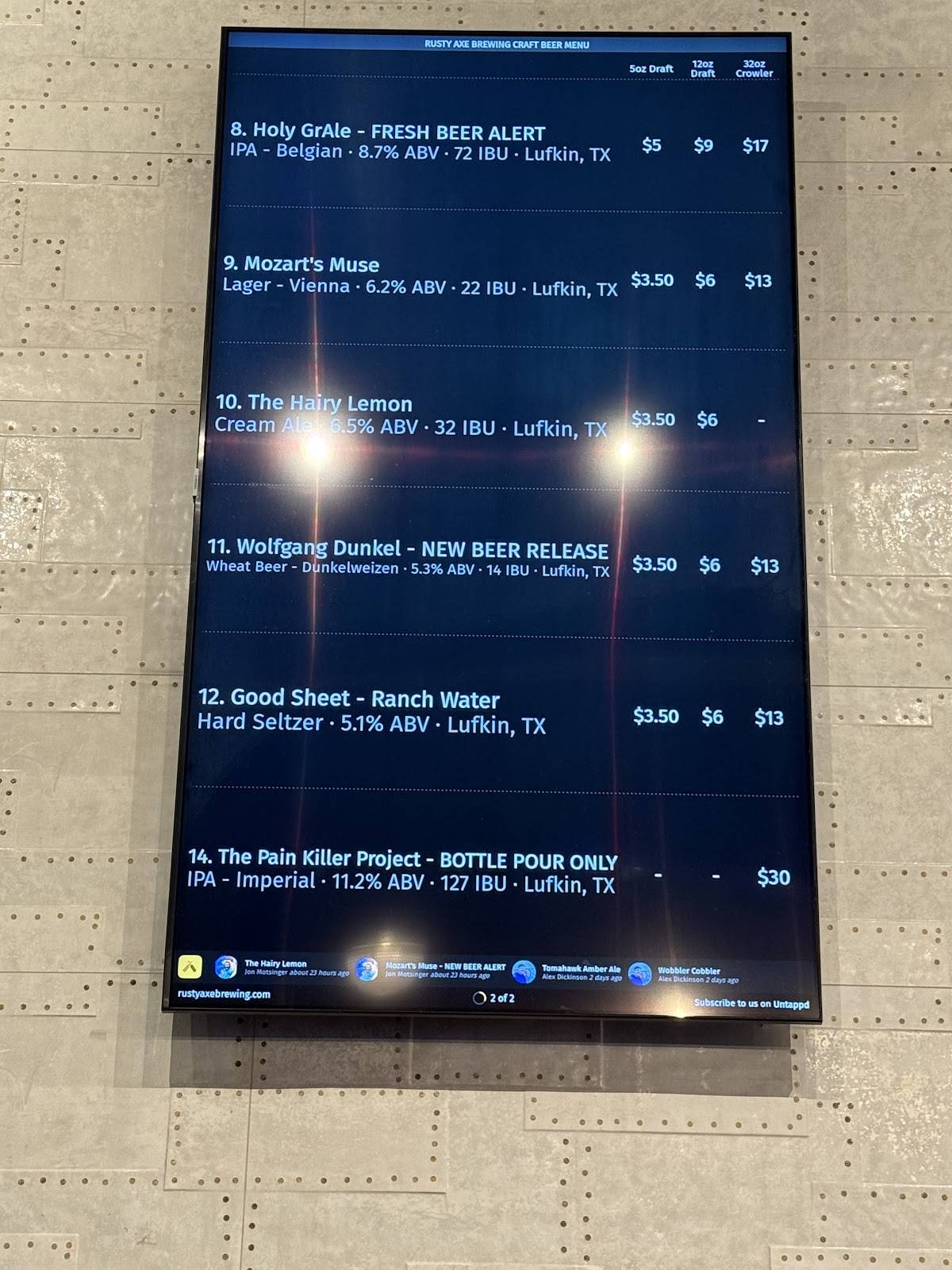 Menu at Rusty Axe Brewery pub & bar, Lufkin