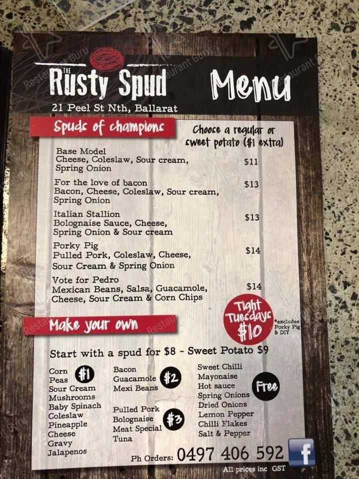 Menu at The Rusty Spud restaurant, Ballarat Central