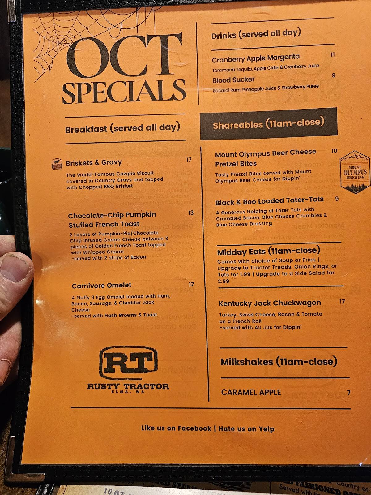 Menu at Rusty Tractor Restaurant, Elma