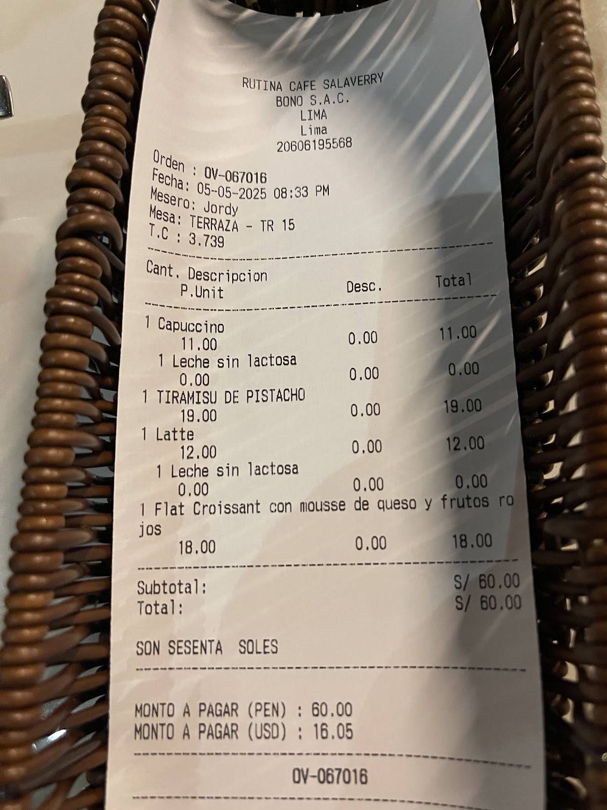 Carta de Rutina Café - Salaverry, Jesus Maria