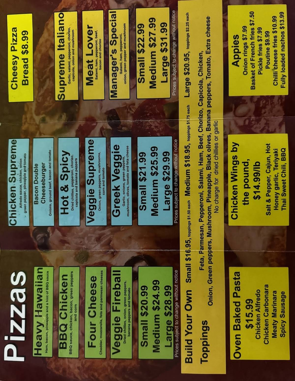 Menu at Ryan's Pizzeria, Campbell River