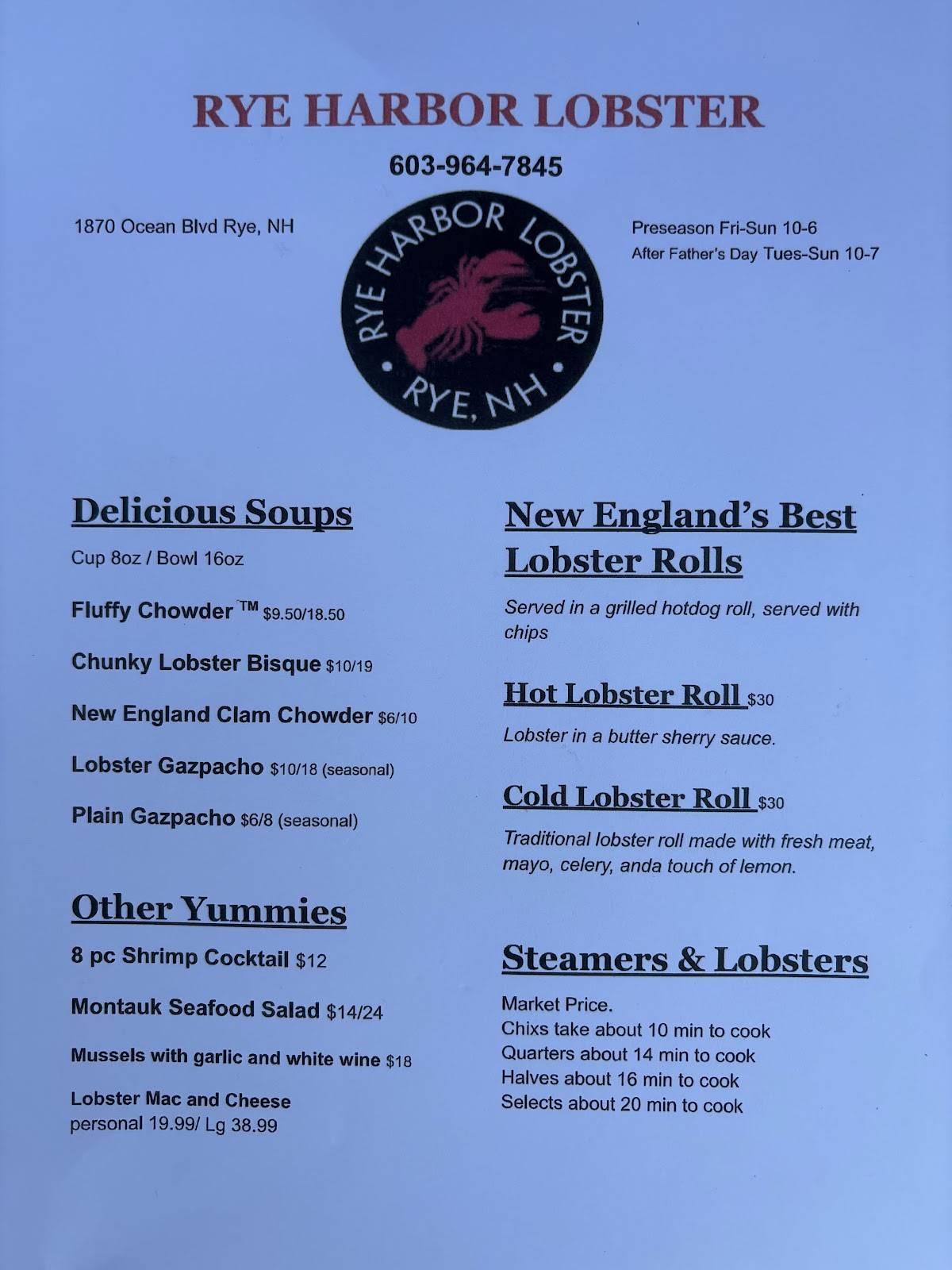 Menu at Rye Harbor Lobster Pound restaurant, Rye