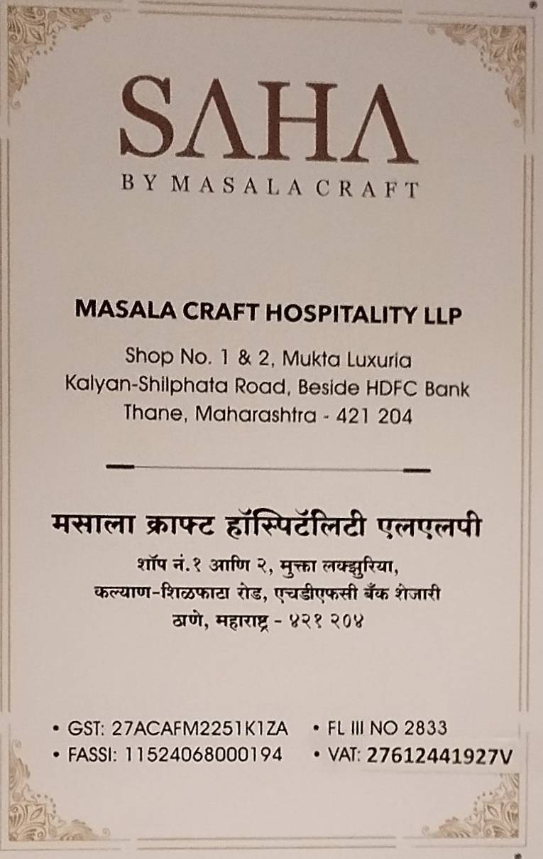 Menu at SAHA By Masala Craft, Thane