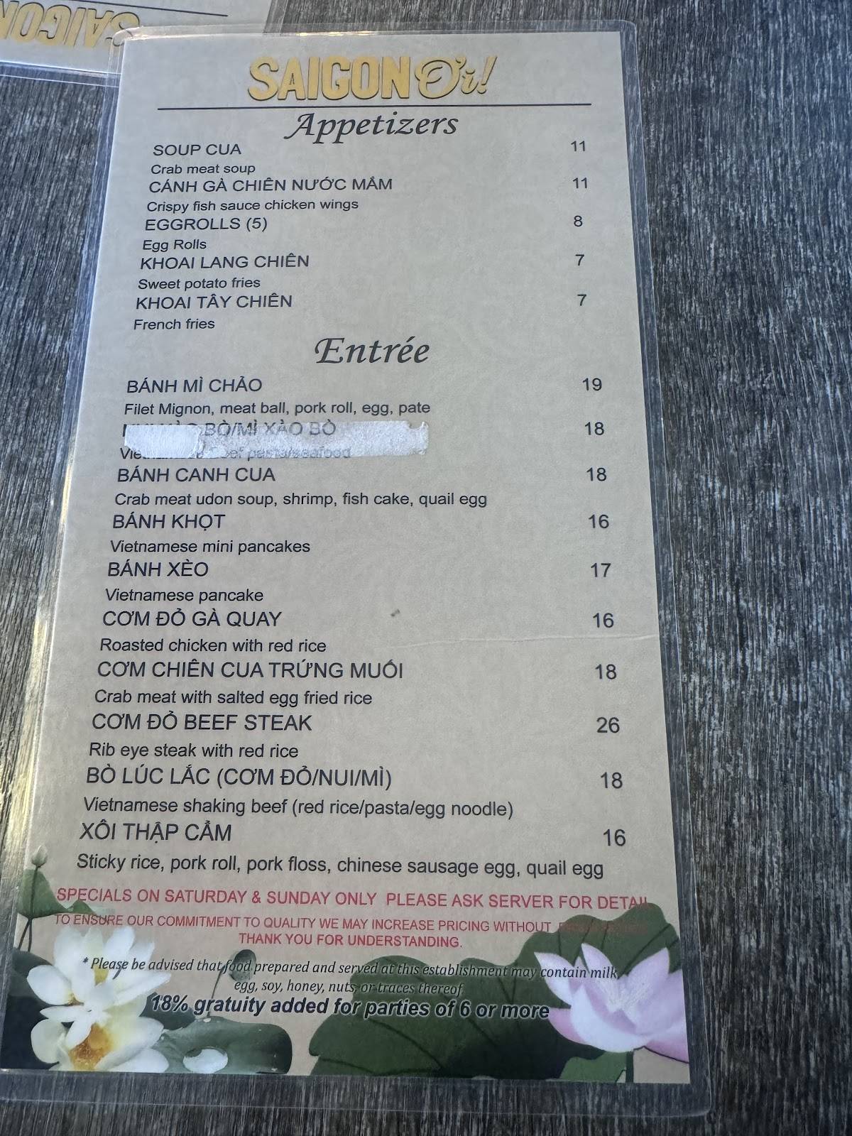 Menu at SAIGON OI RESTAURANT, Sacramento