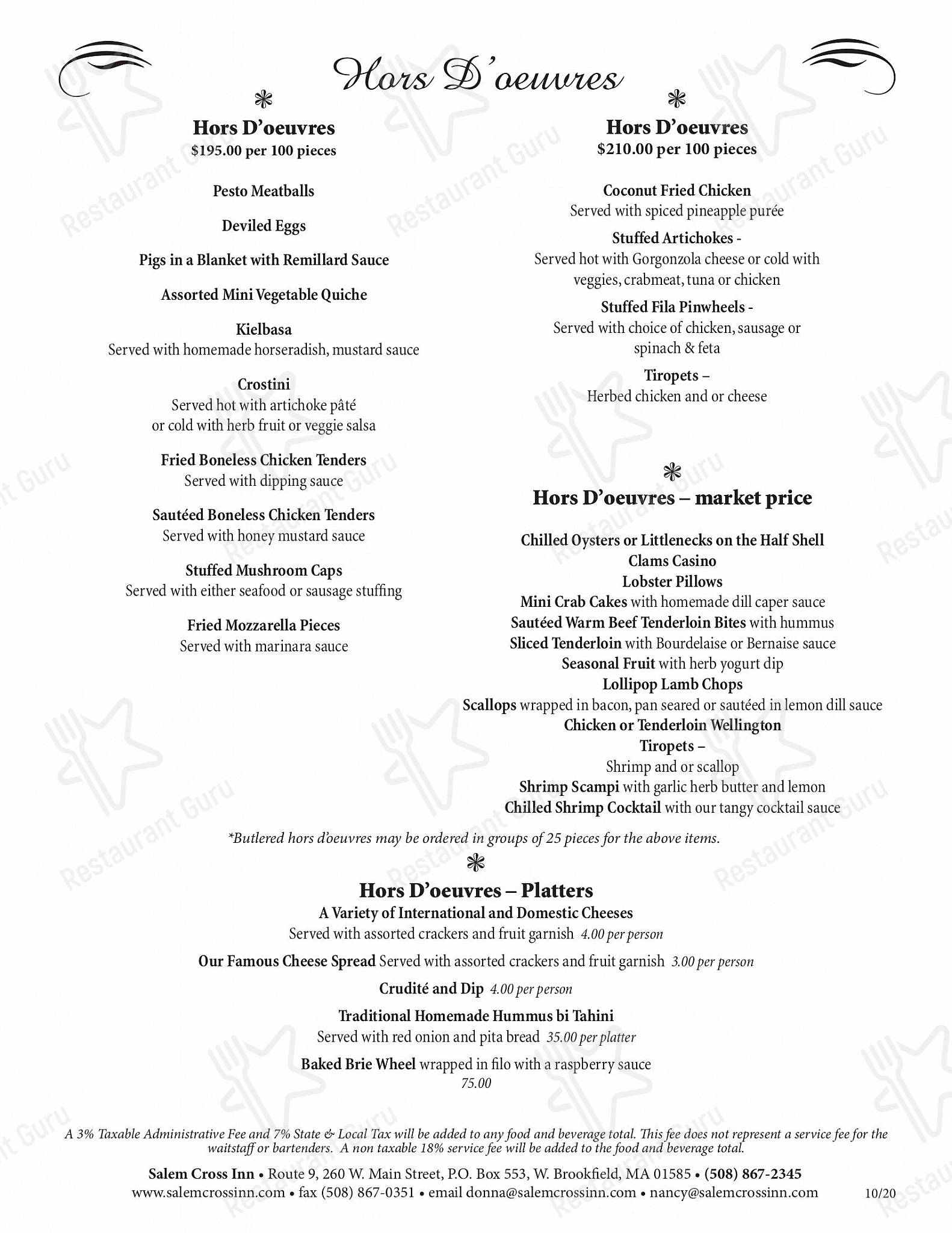 Menu at Salem Cross Inn restaurant, West Brookfield