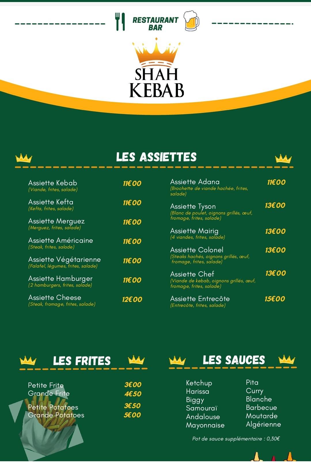 Menu au SHAH KEBAB pub et bar, Dijon, 66 Rue d'Auxonne