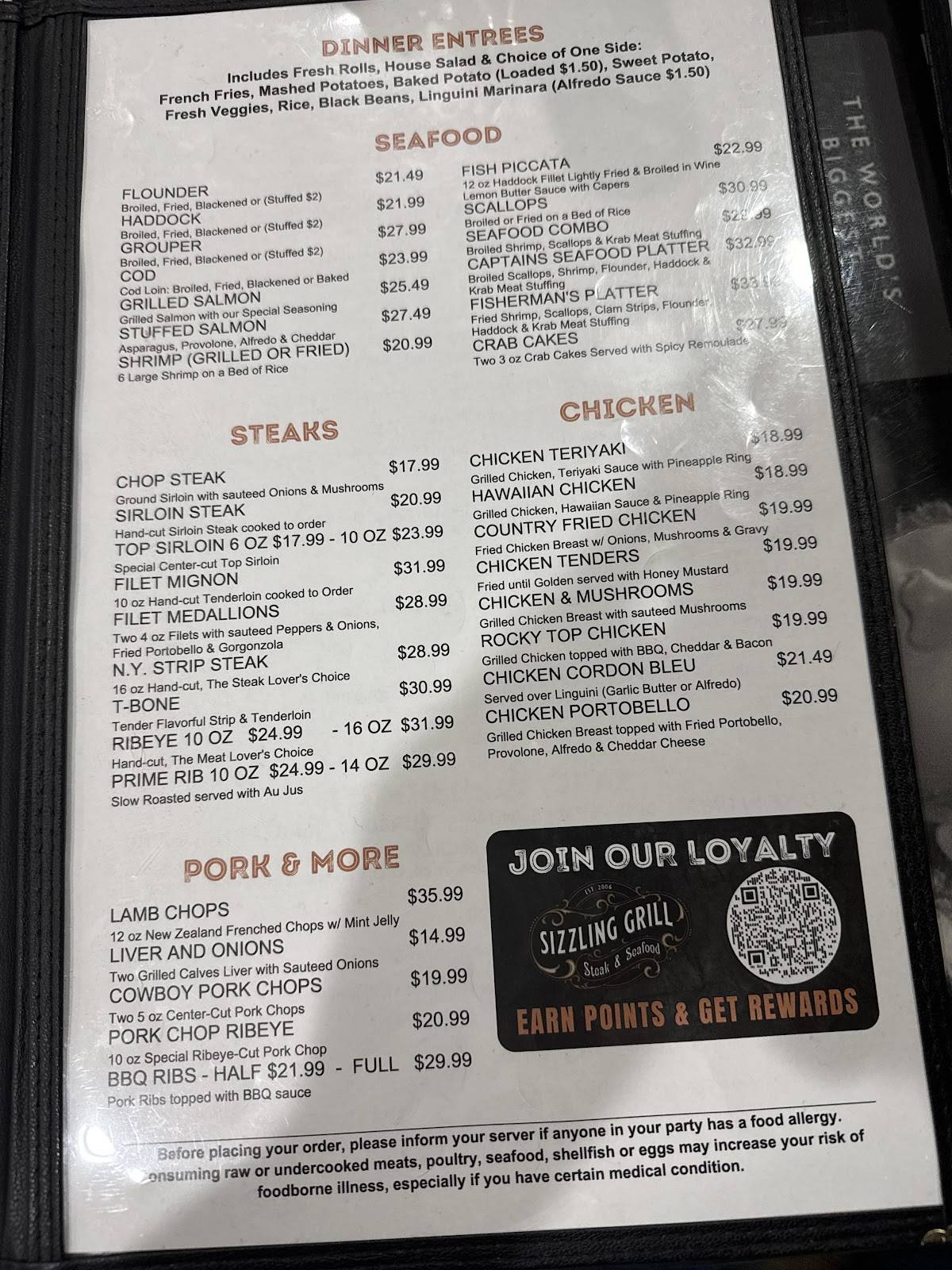 Menu at SIZZLING GRILL steakhouse, Lake Wales