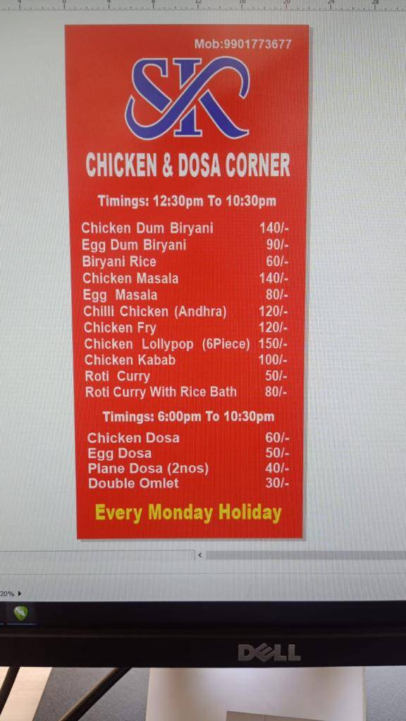 Menu at SK Chicken and Dosa Corner, Bengaluru