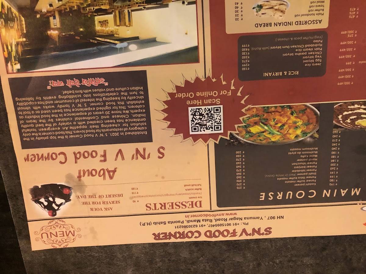 Menu at S'N'V Food Corner-Open Lawn Sitting/Food Corner/Multi Cuisine ...