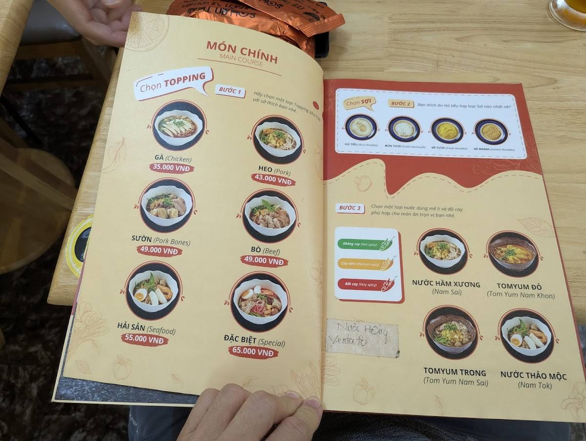 Menu at SOHAN THÁI restaurant, Ho Chi Minh City