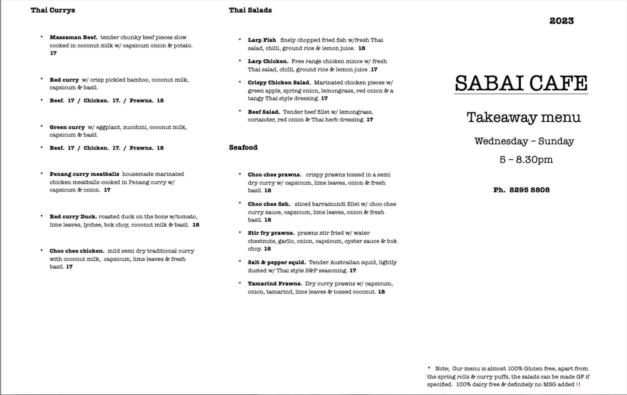 Menu at Sabai Cafe, Glenelg South