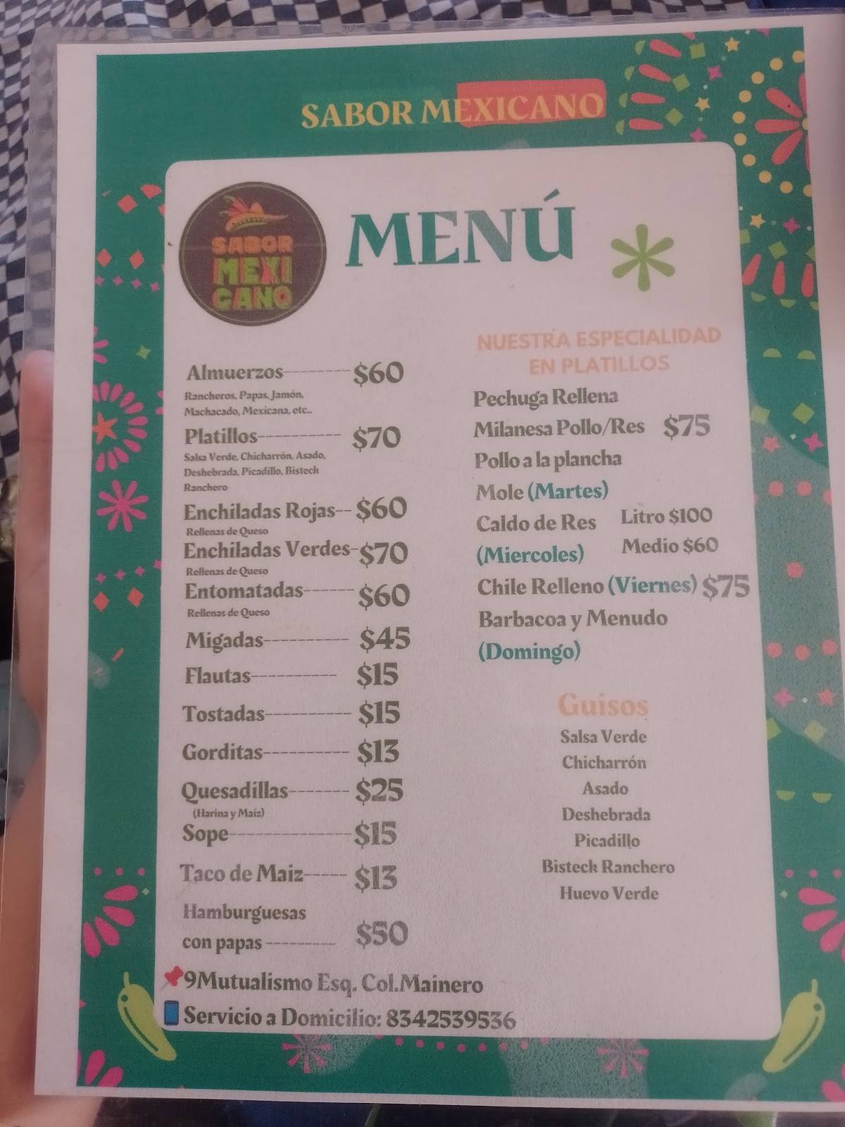 Carta del restaurante Sabor mexicano comida tipica casera, Ciudad Victoria