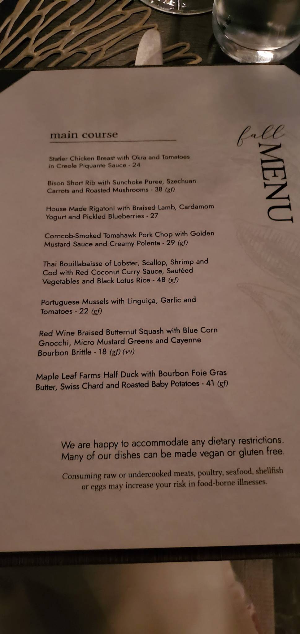 Menu at Sage restaurant, Sarasota
