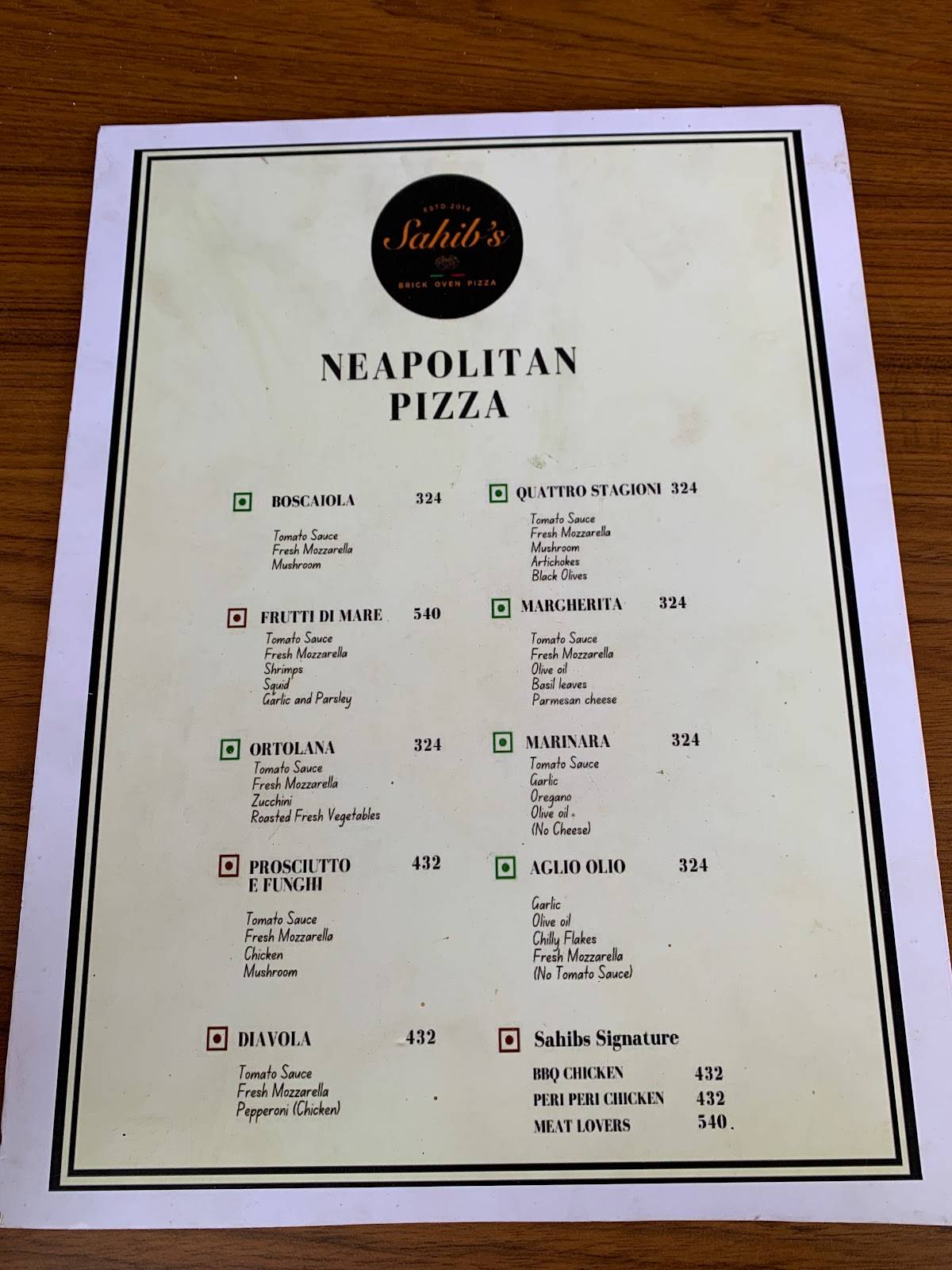 Menu at Sahibs Brick Oven Pizza, Mysuru