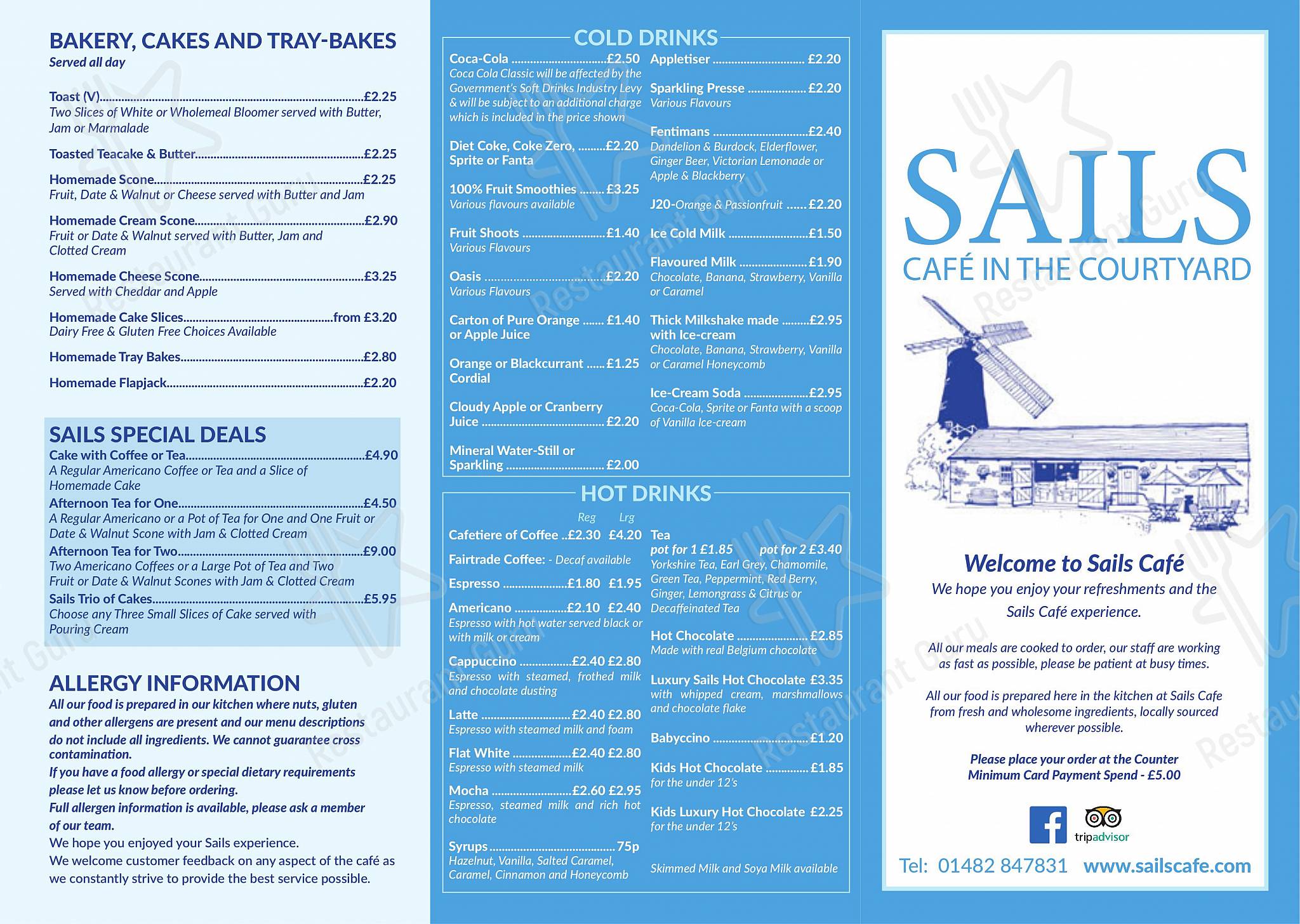 Menu at Sails Cafe, Cottingham