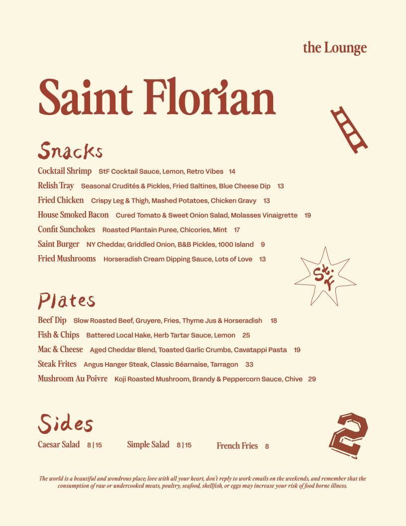 Menu at Saint Florian restaurant, Hudson