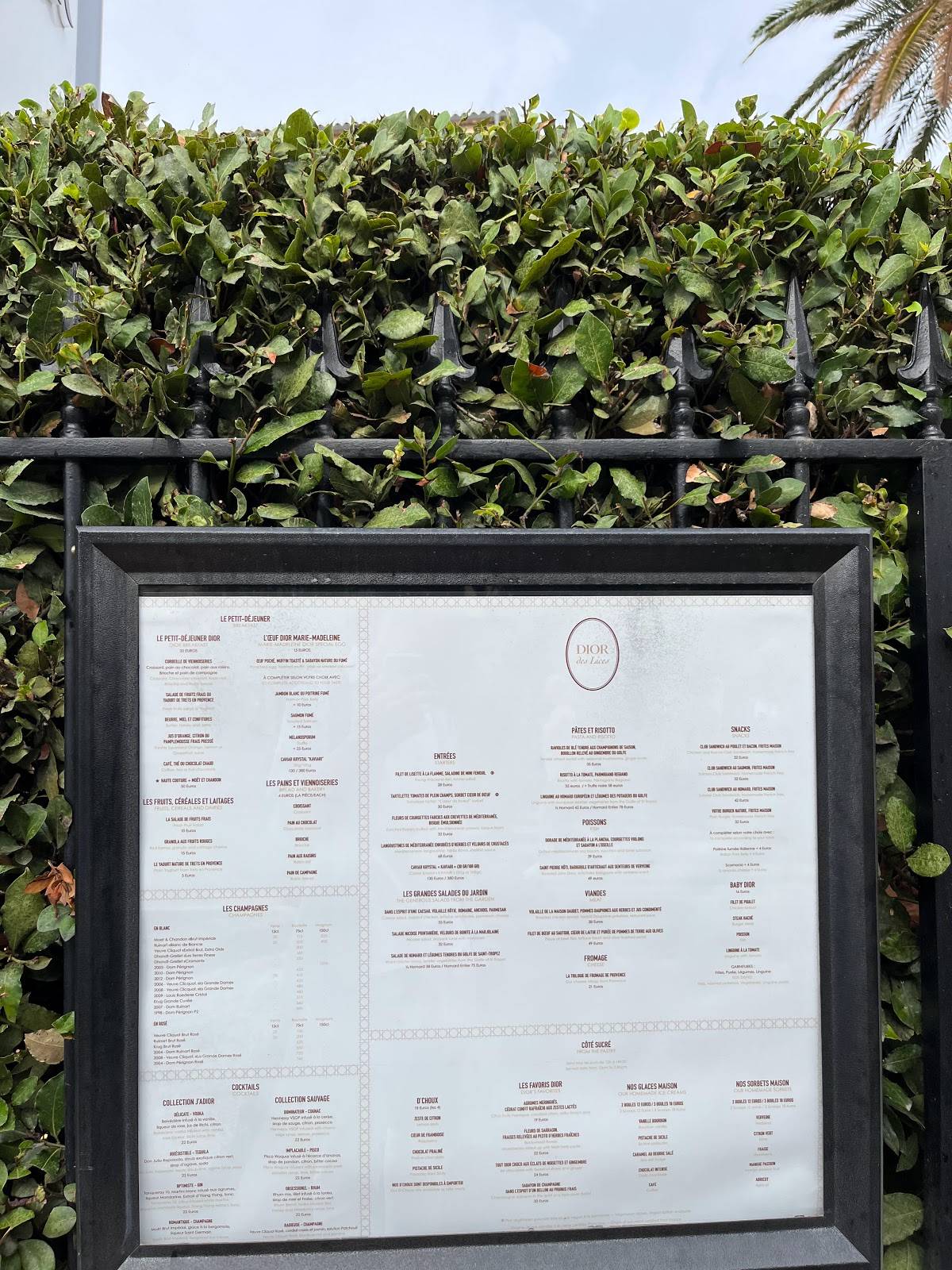 Menu at Dior Des Lices restaurant, Saint-Tropez