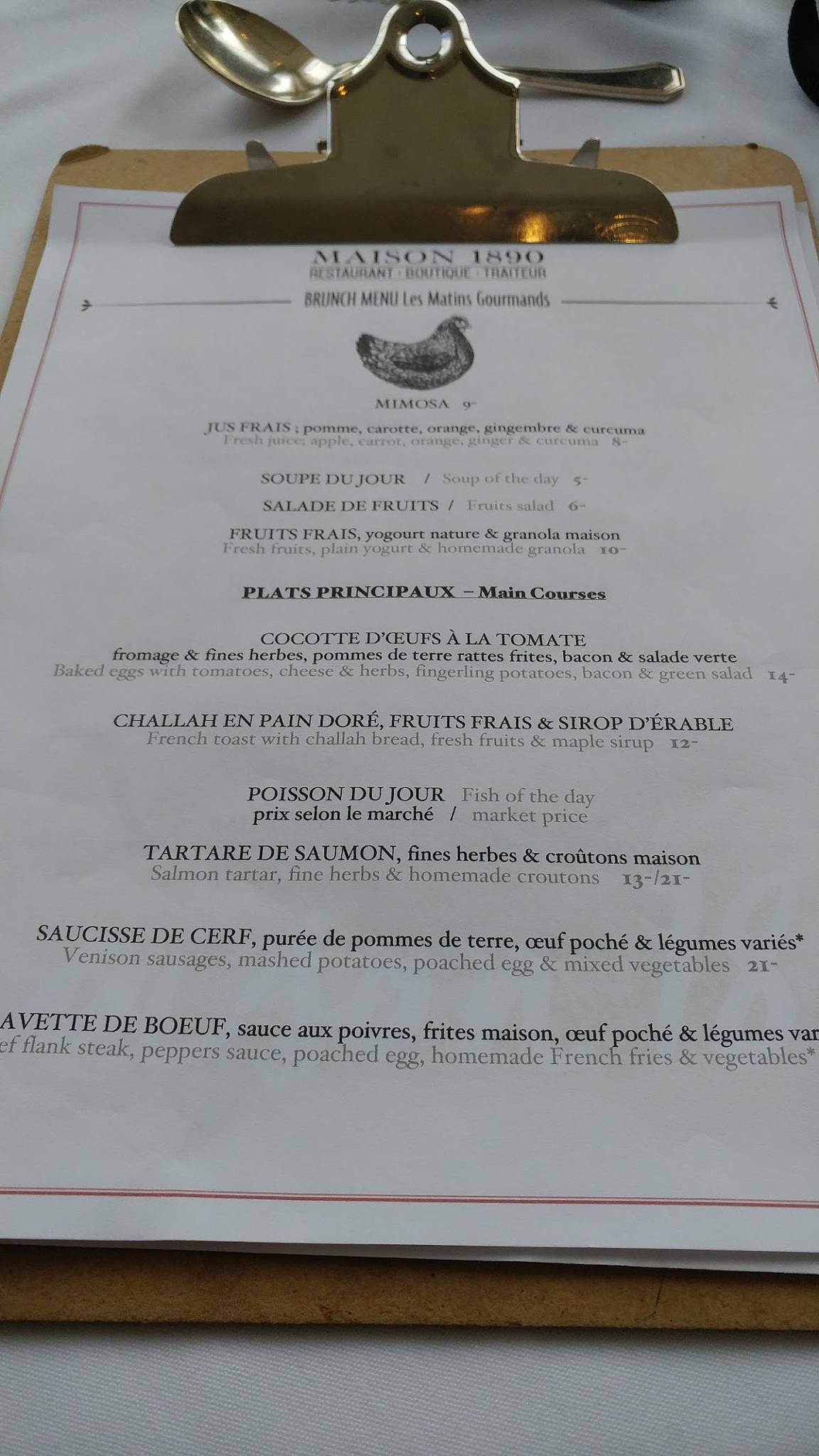 Menu at Maison 1890 restaurant, Sainte-Agathe-des-Monts