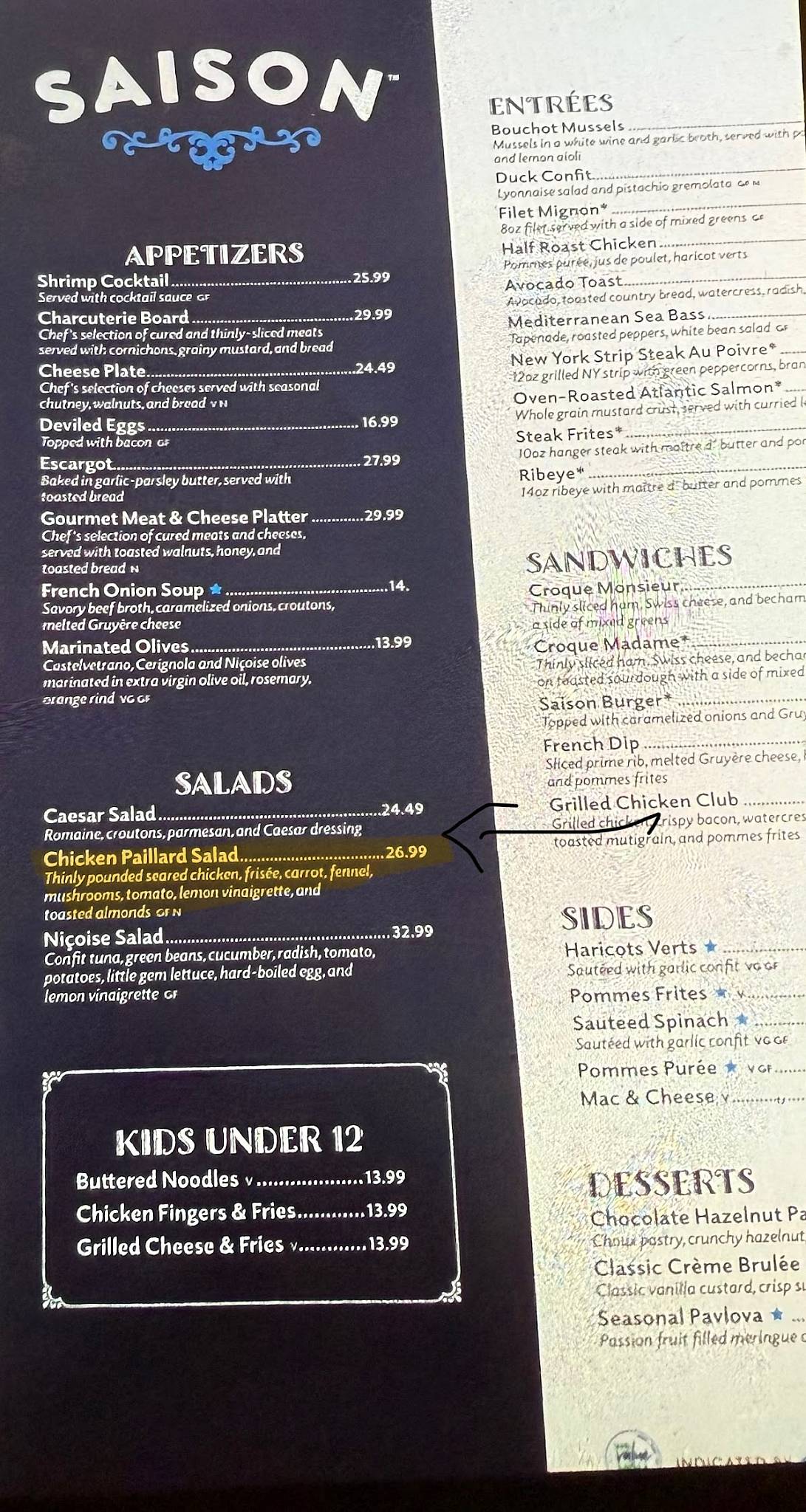 Menu at Saison restaurant, Newark, Terminal C