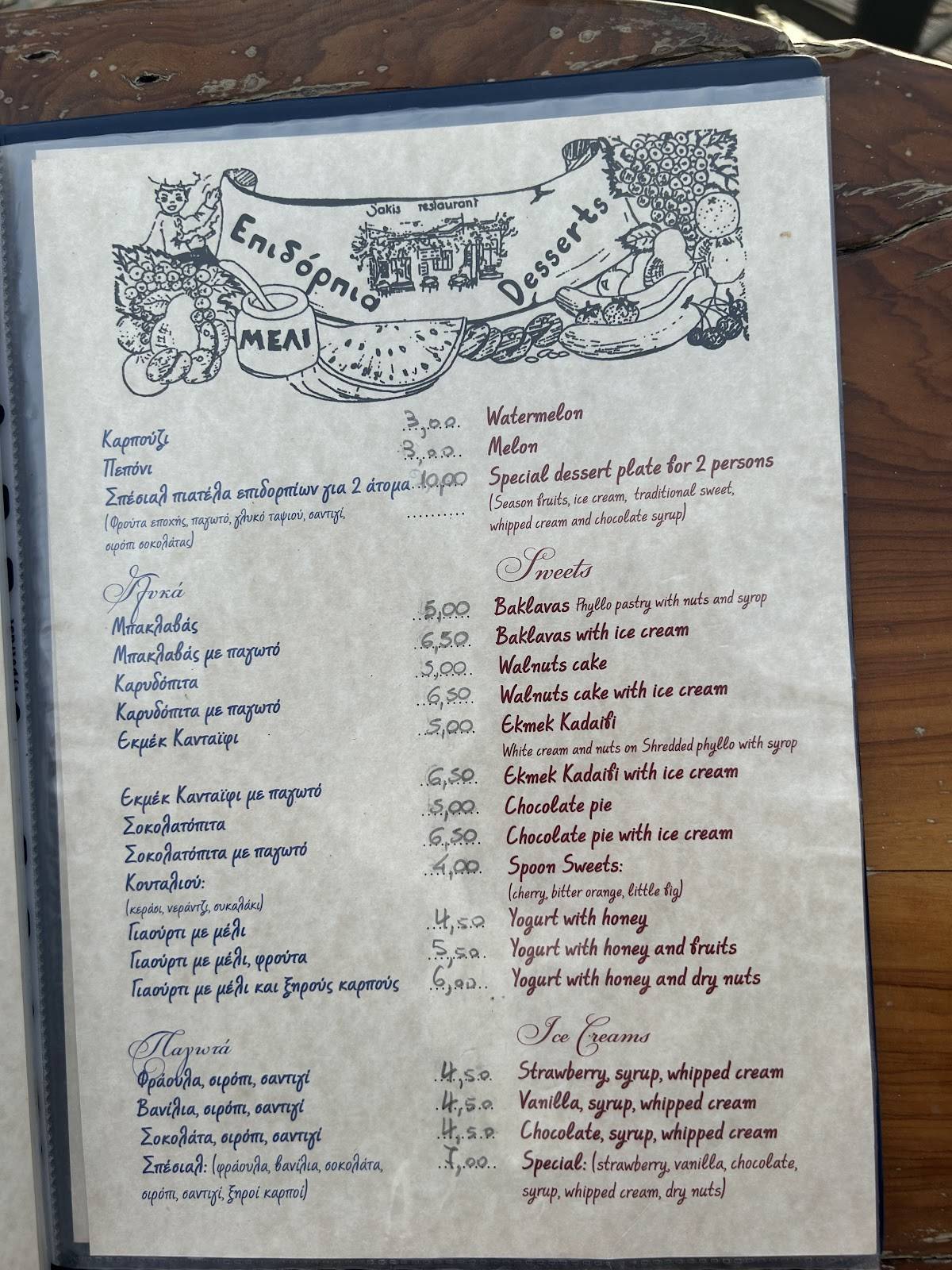 Menu at Sakis, Parga