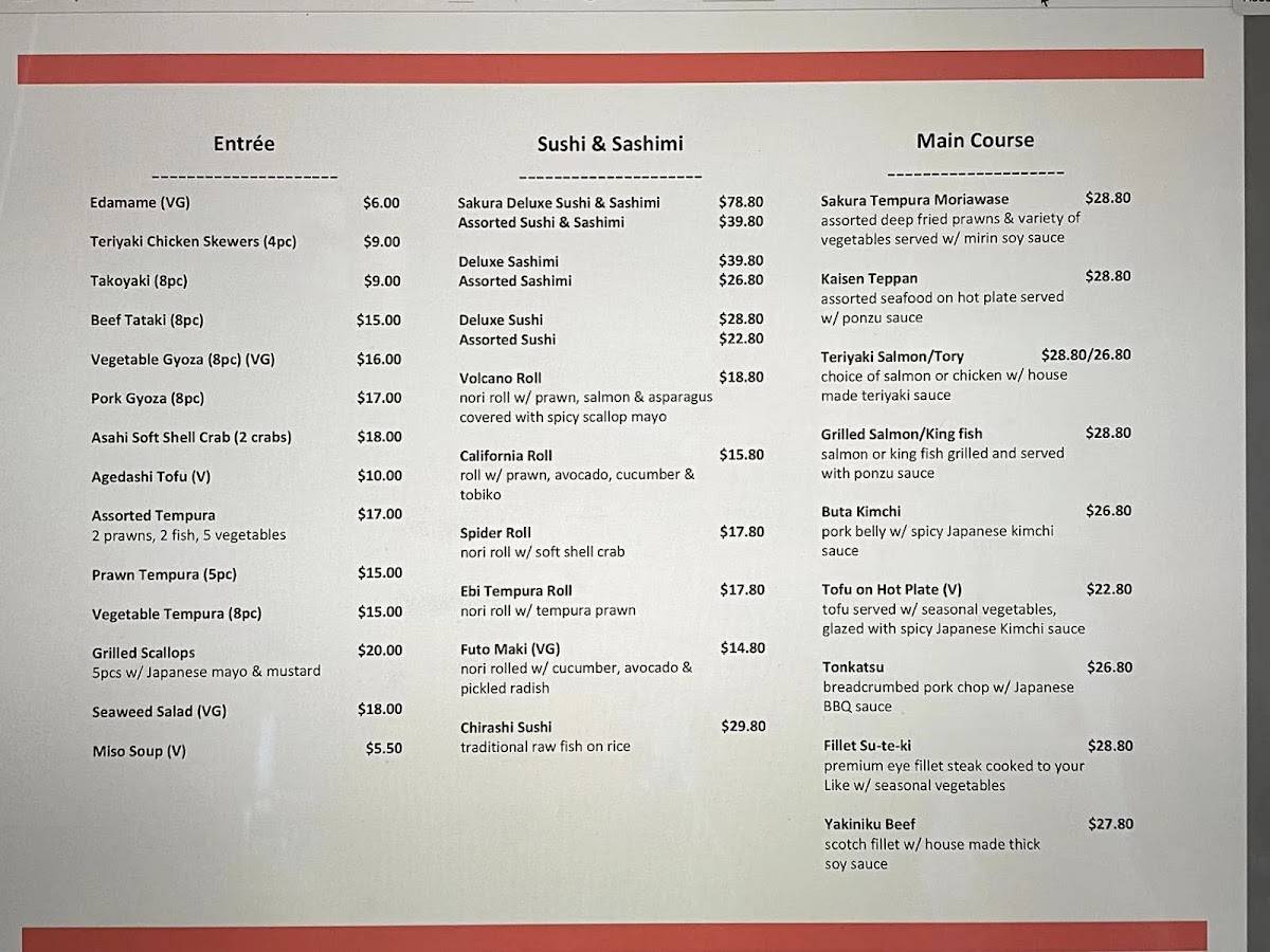 Menu at Sakura Inn Cafe Japanese Cuisine, Mooroolbark