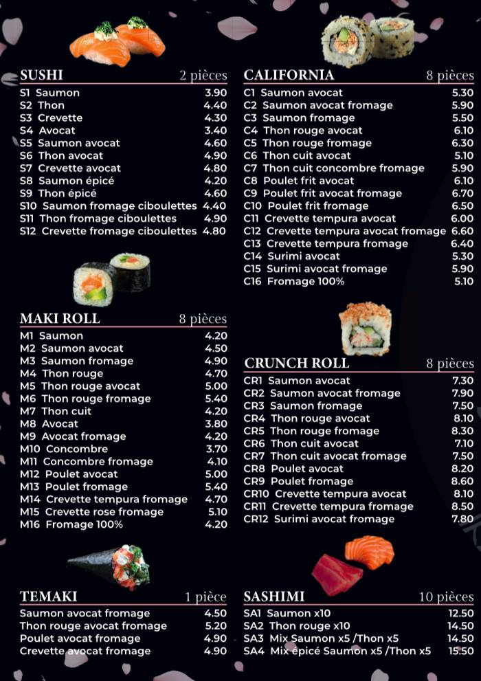 Menu au Sakura Sushi restaurant, La Garde