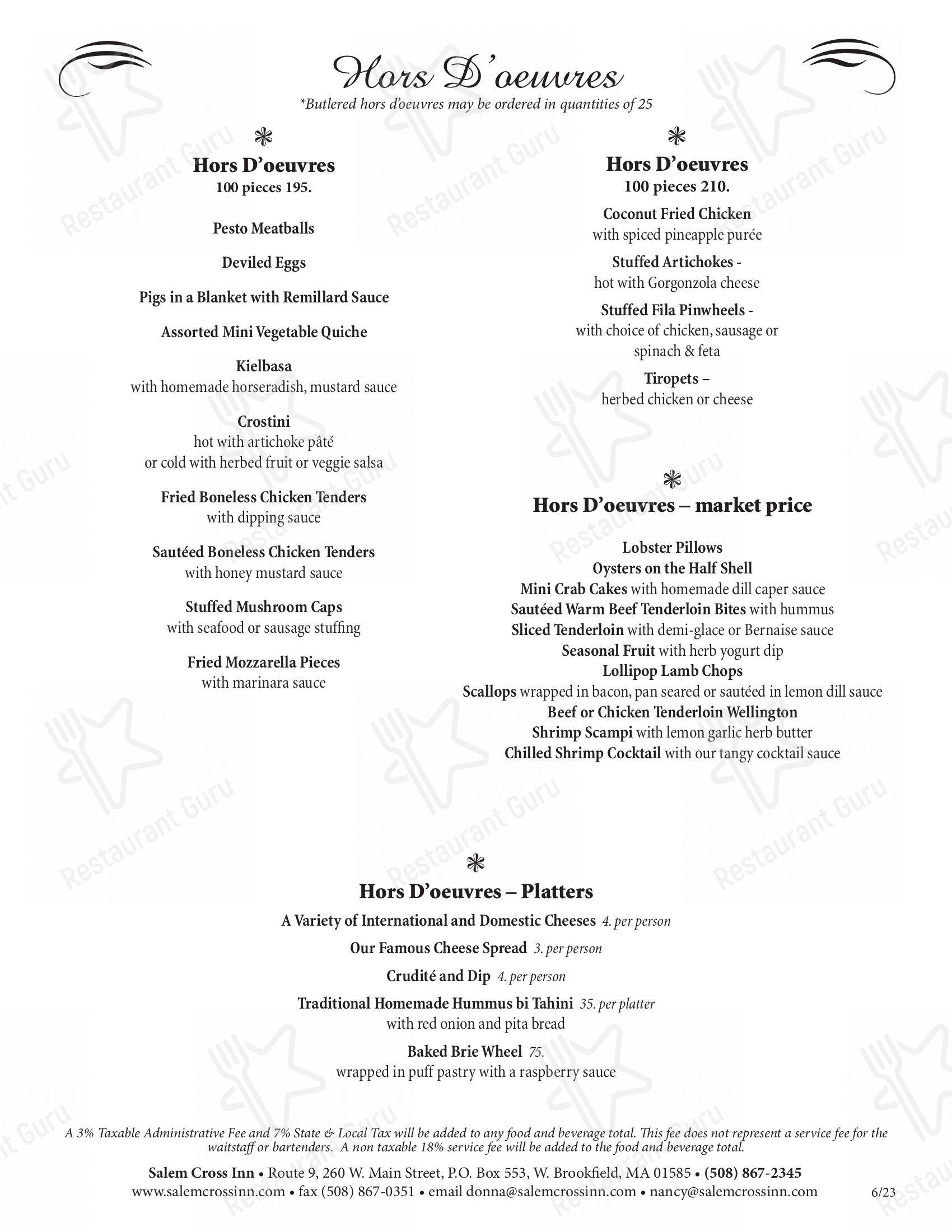 Menu at Salem Cross Inn restaurant, West Brookfield