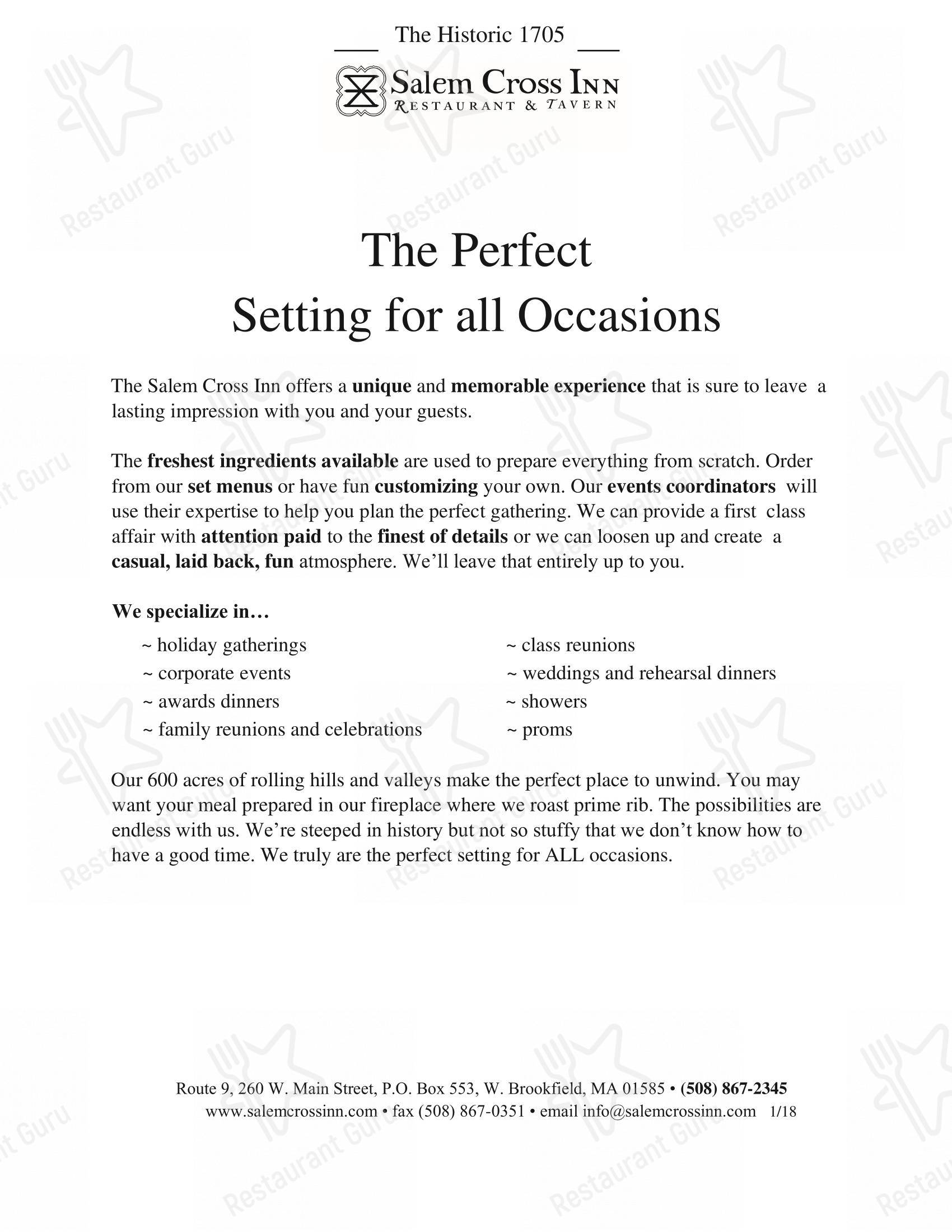 Menu at Salem Cross Inn restaurant, West Brookfield