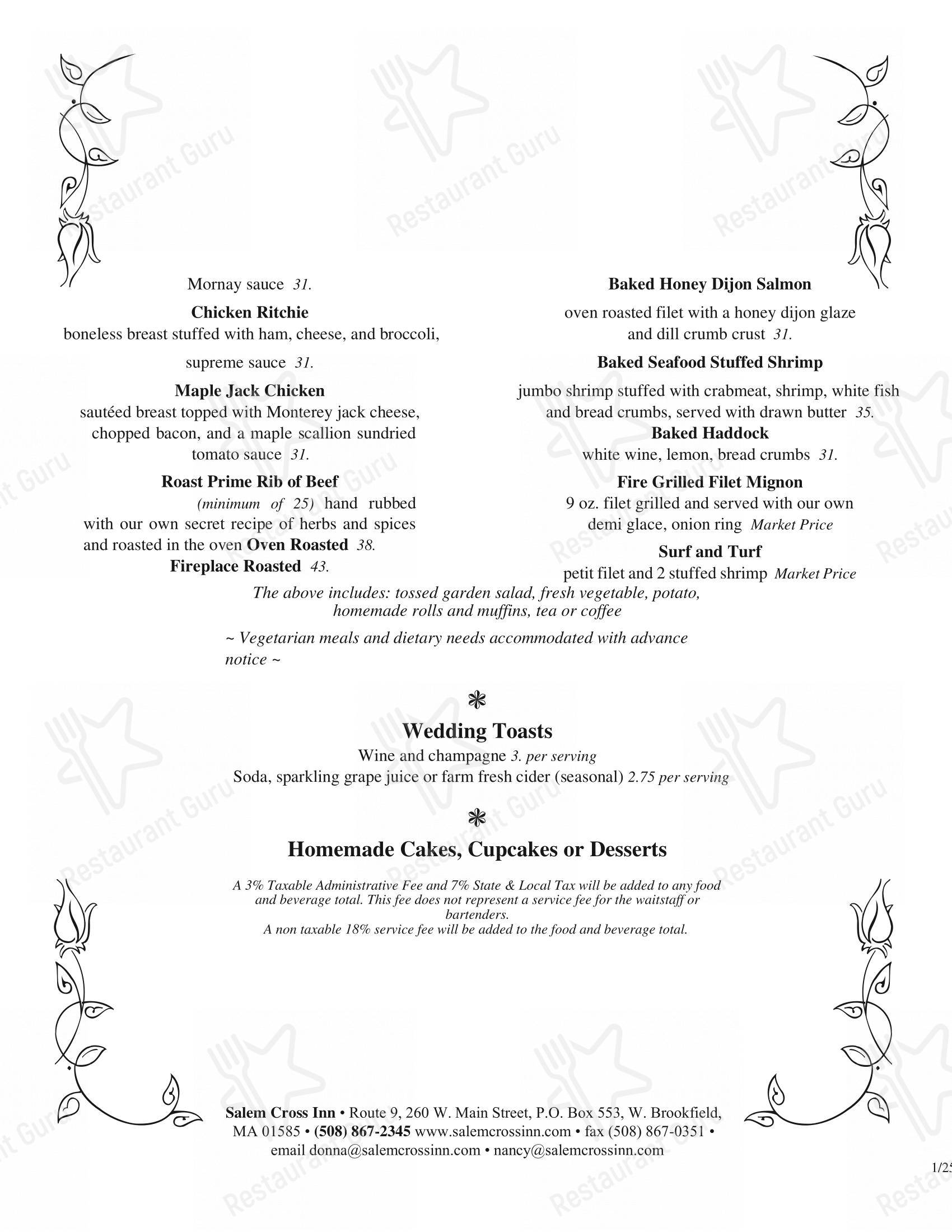 Menu at Salem Cross Inn restaurant, West Brookfield