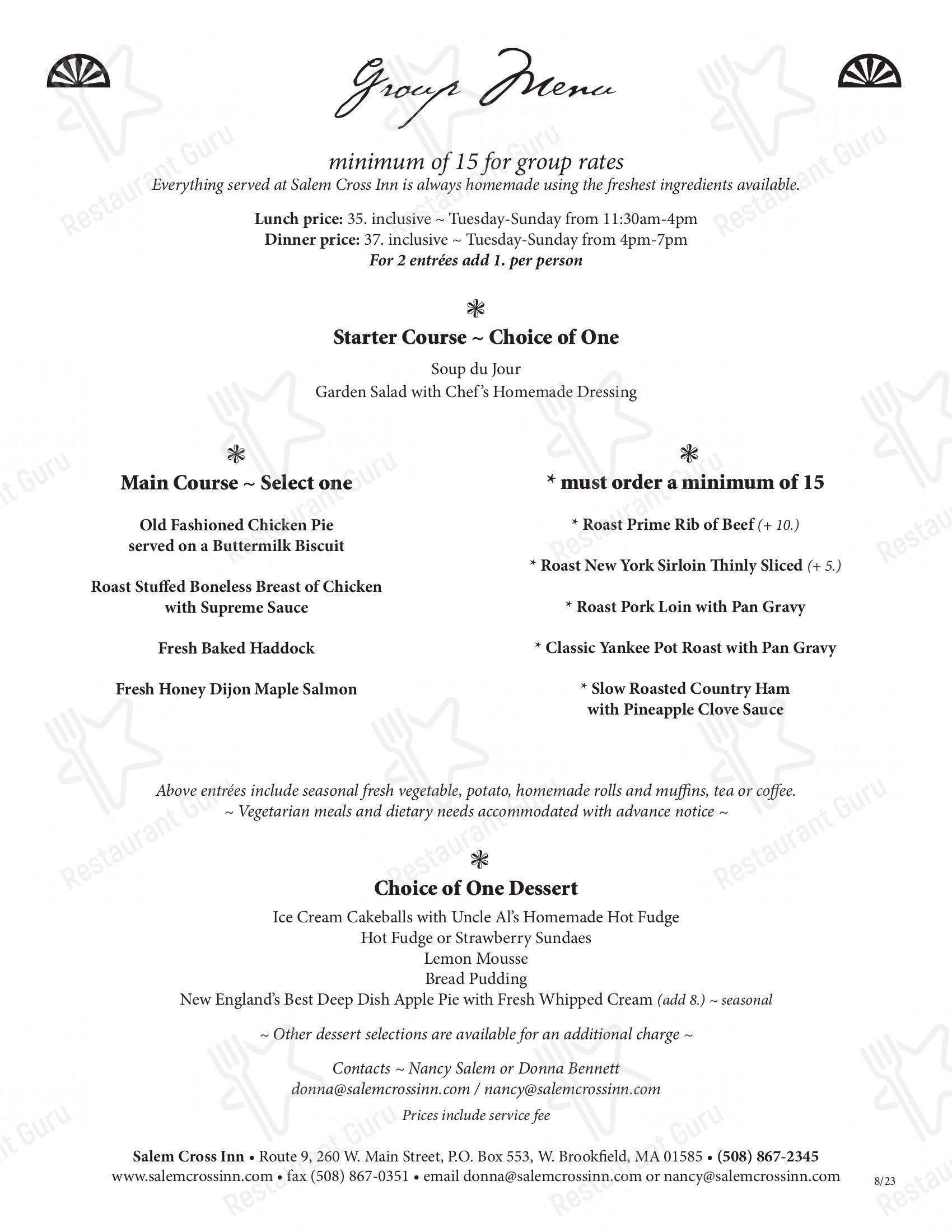 Menu at Salem Cross Inn restaurant, West Brookfield