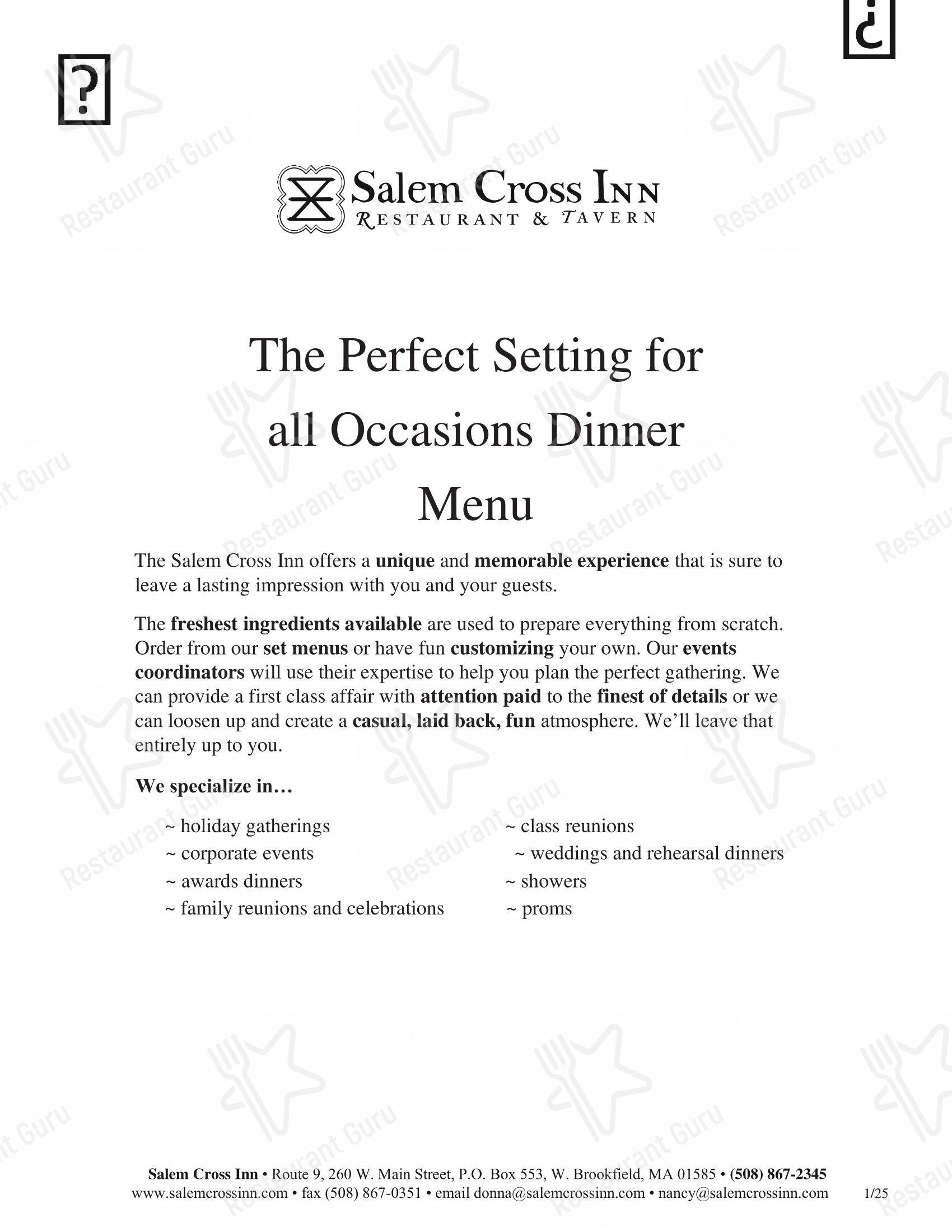 Menu at Salem Cross Inn restaurant, West Brookfield