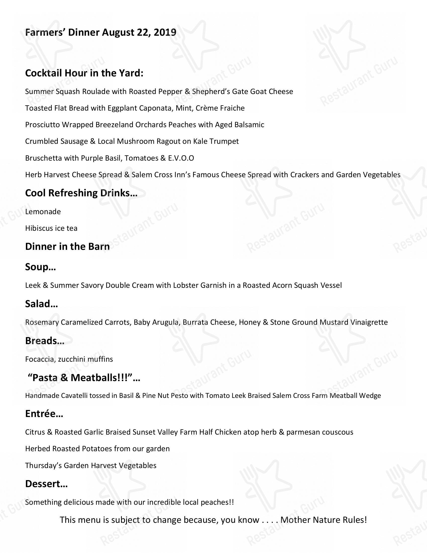 Menu at Salem Cross Inn restaurant, West Brookfield