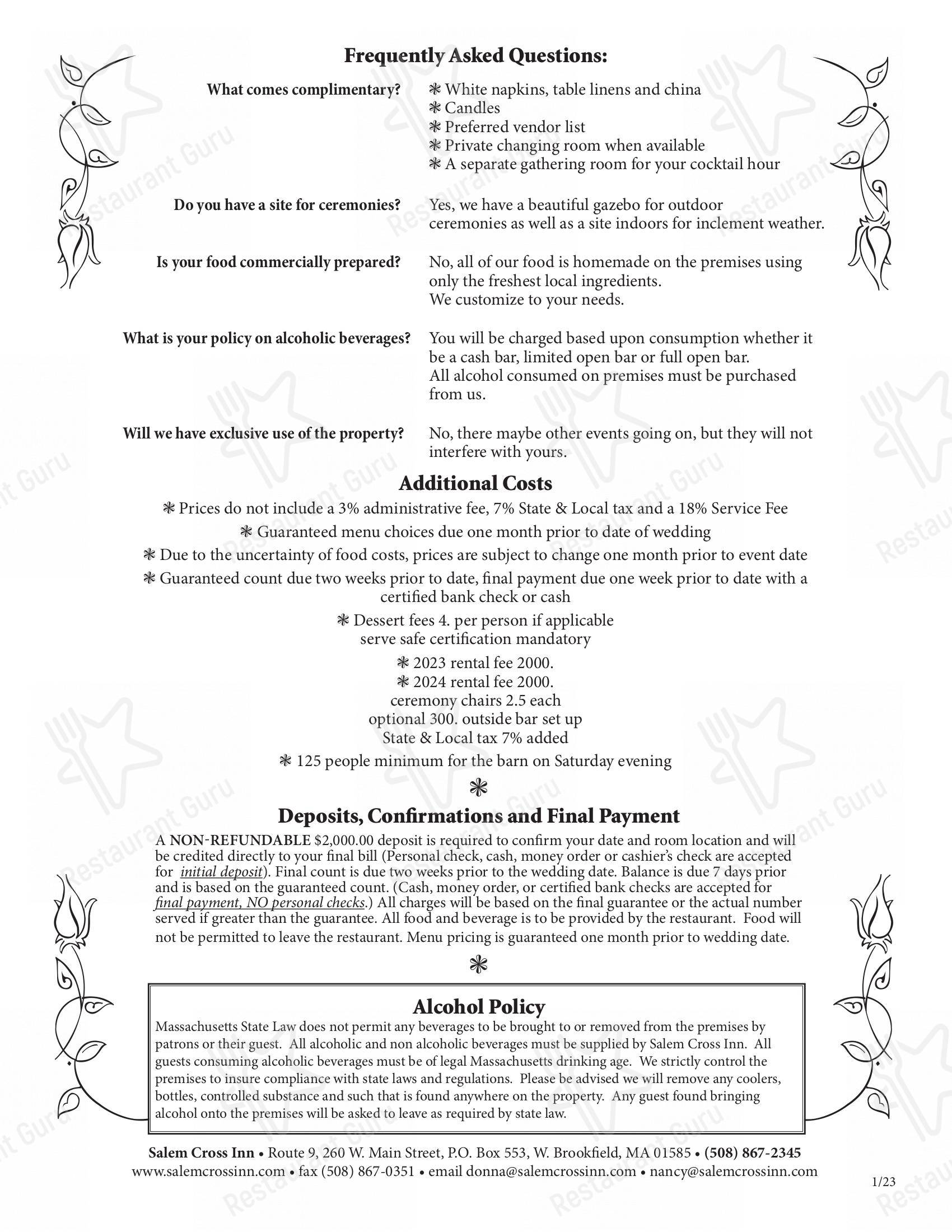 Menu at Salem Cross Inn restaurant, West Brookfield