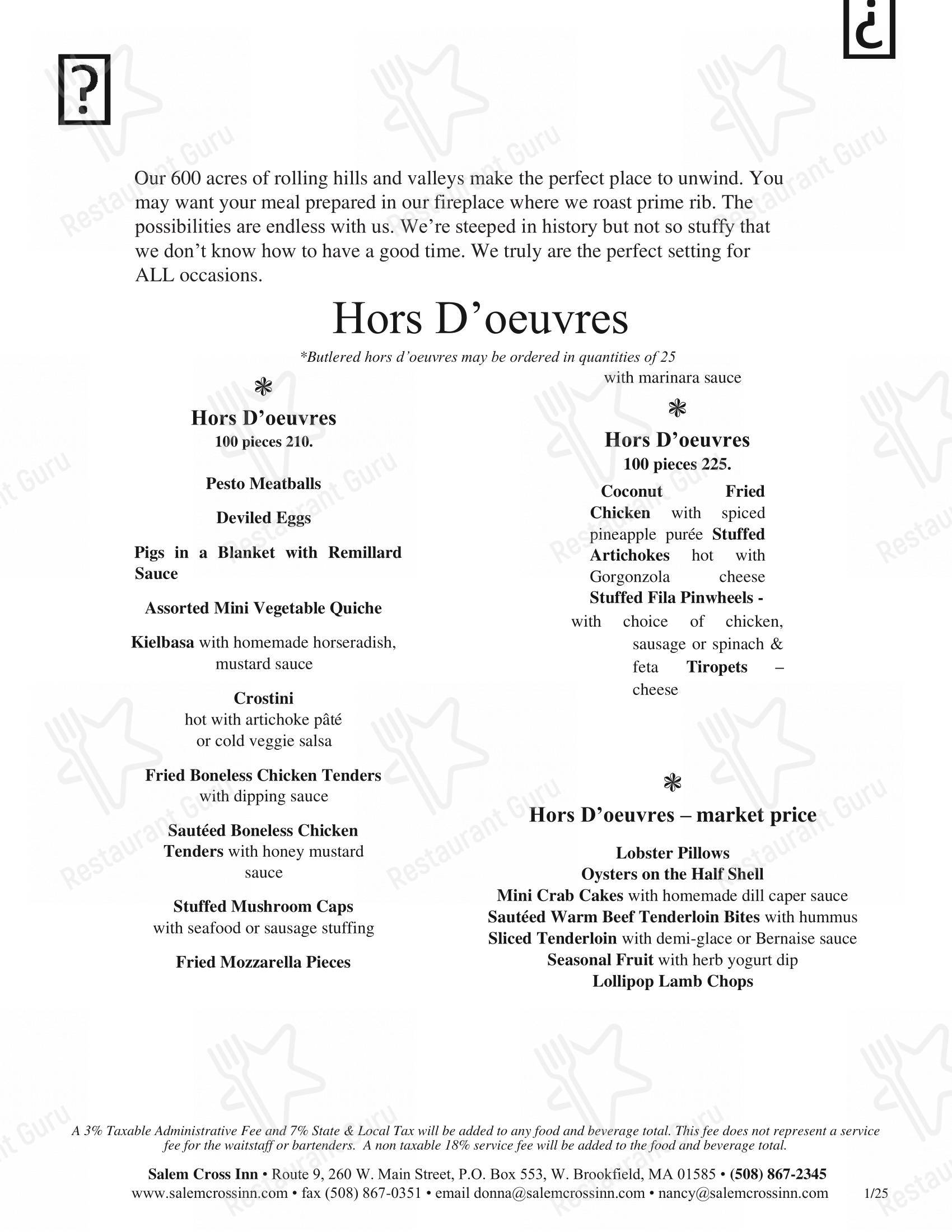 Menu at Salem Cross Inn restaurant, West Brookfield